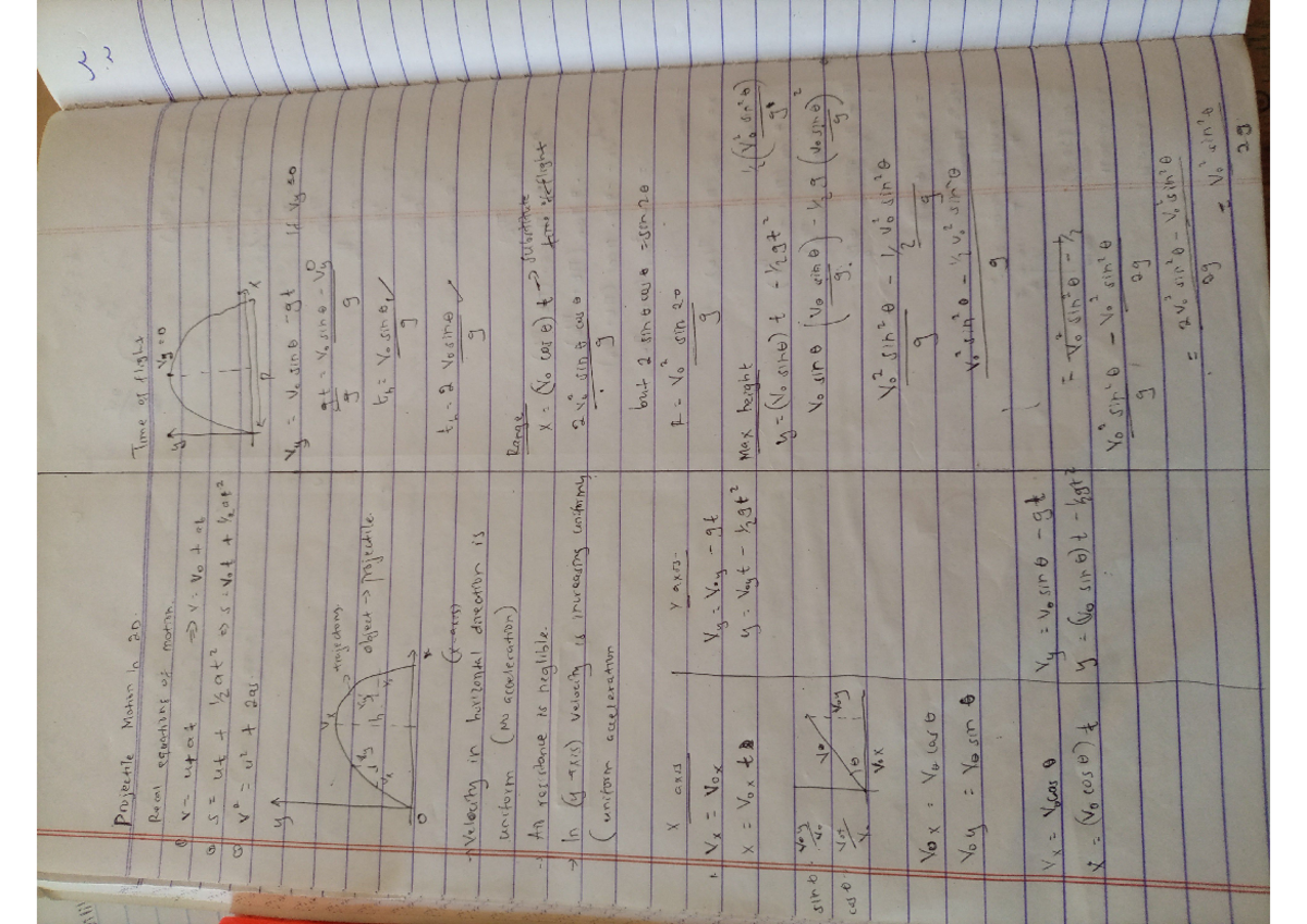 Physics notes 3 - Projectile Motion In 2D. Time of flight Recal ...