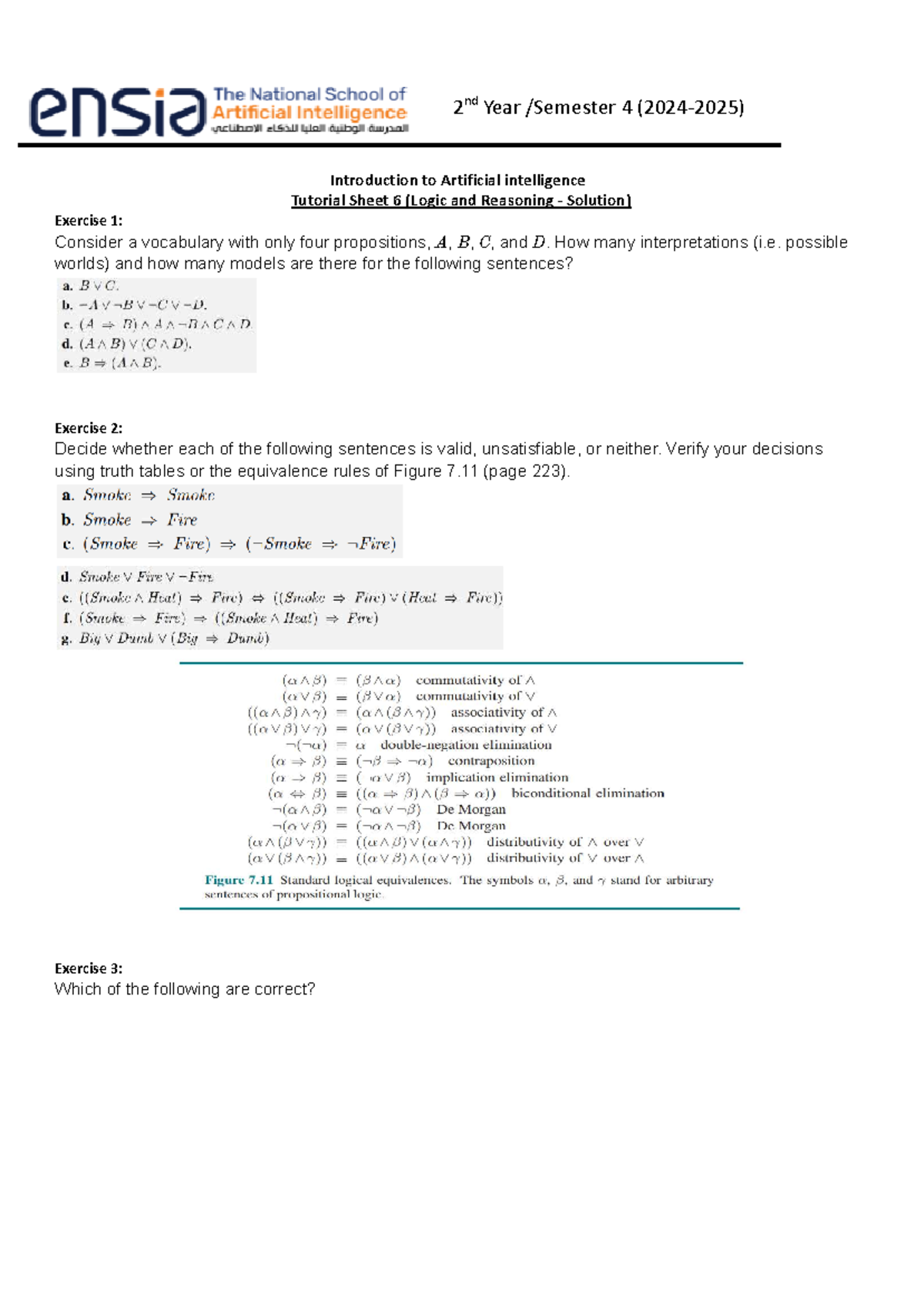 2nd Year 4 AI Tutorial Sheet 6: Logic & Reasoning Exercises Solutions ...