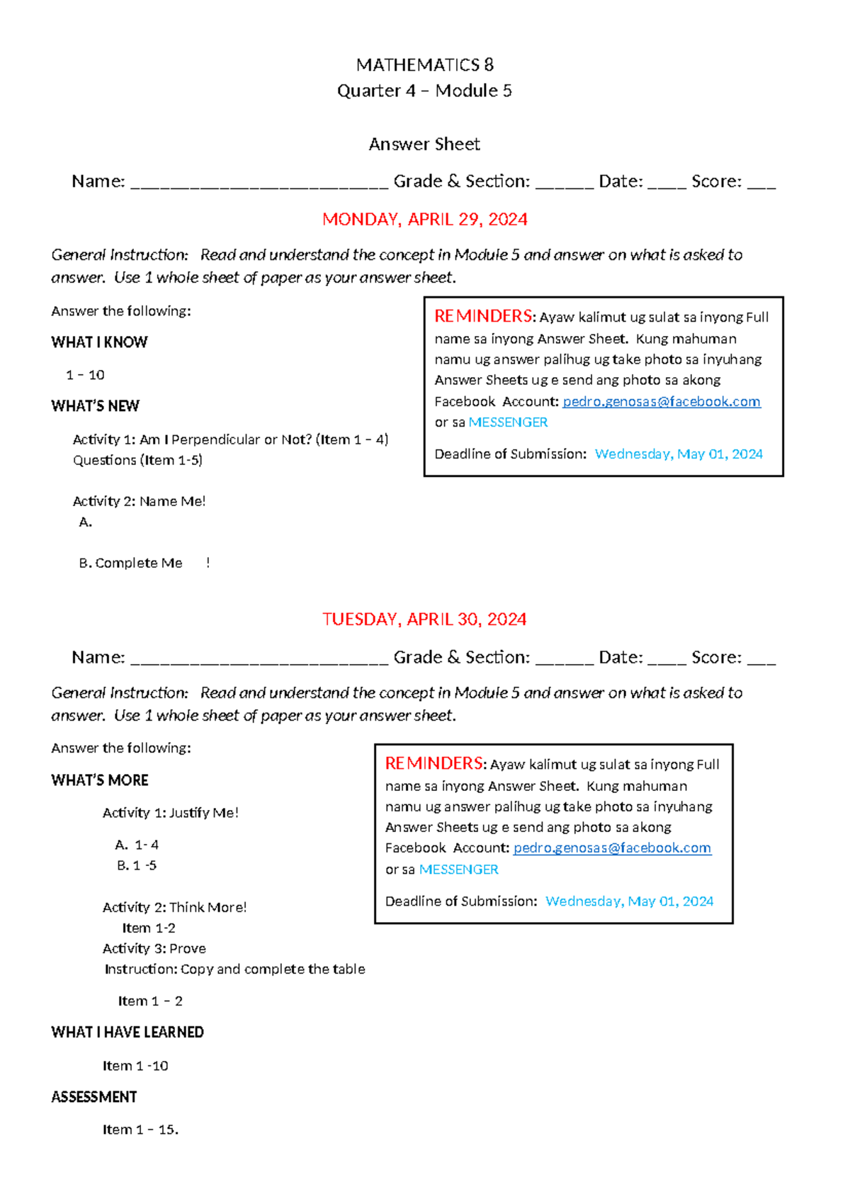 Answer Sheet in Math 8 Module 5 - MATHEMATICS 8 Quarter 4 – Module 5 ...