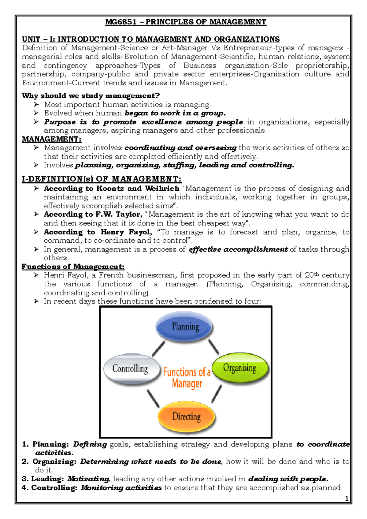 MG6851 PRINCIPLES OF MANAGEMENT UNIT I: INTRODUCTION TO MANAGEMENT ...