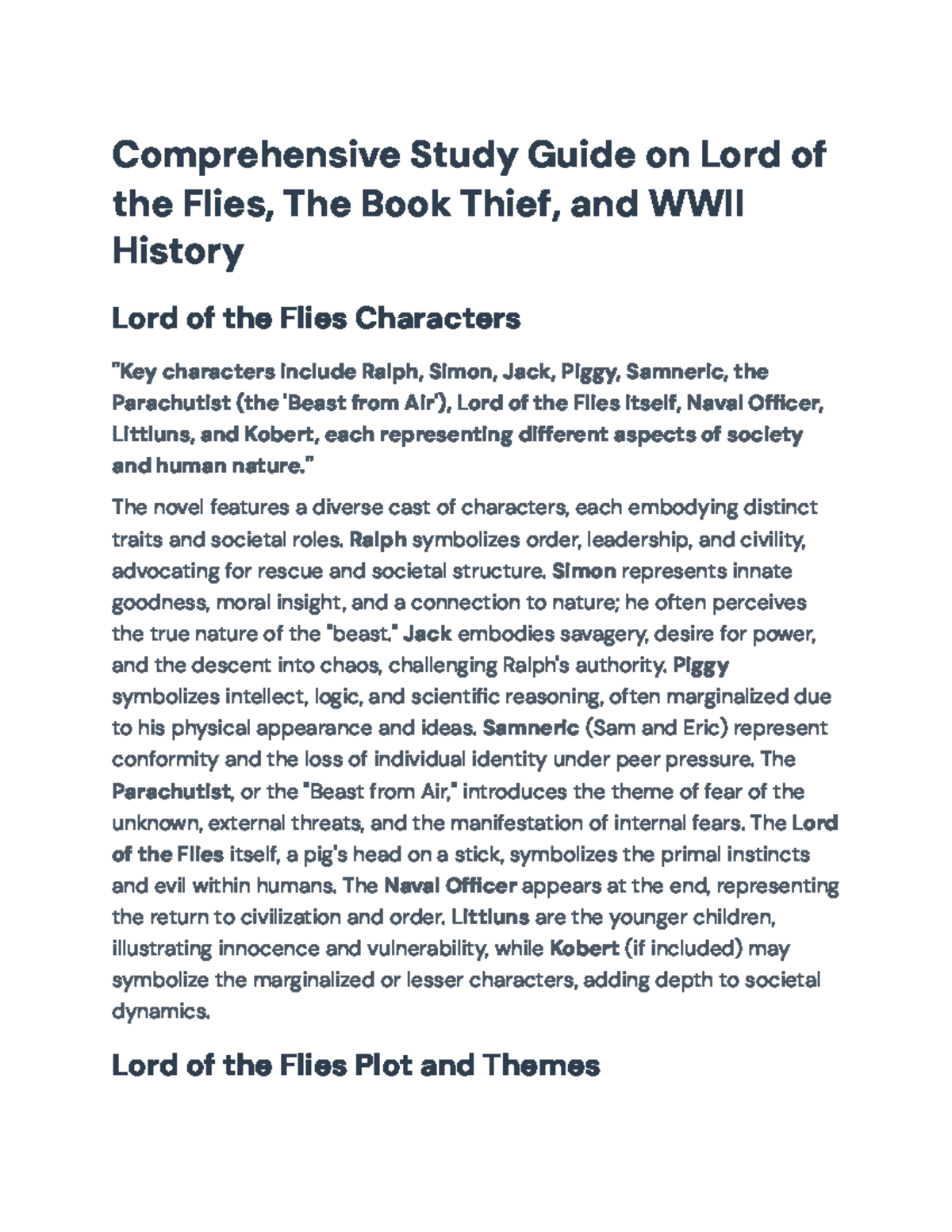 Comprehensive Study Guide: Lord of the Flies, The Book Thief & WWII ...