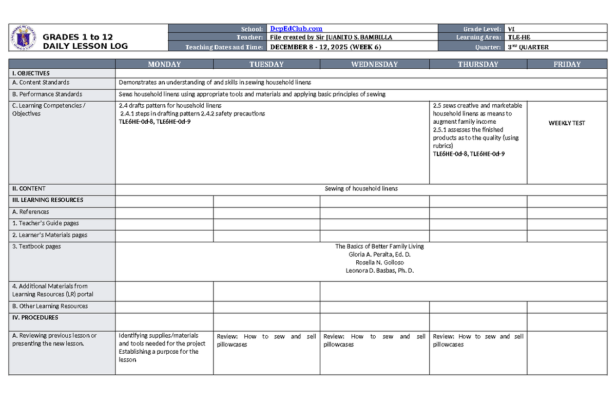 DLL TLE-HE 6 Q3 W6 - Daily Lesson Log for Grade 6 Sewing Skills - Studocu
