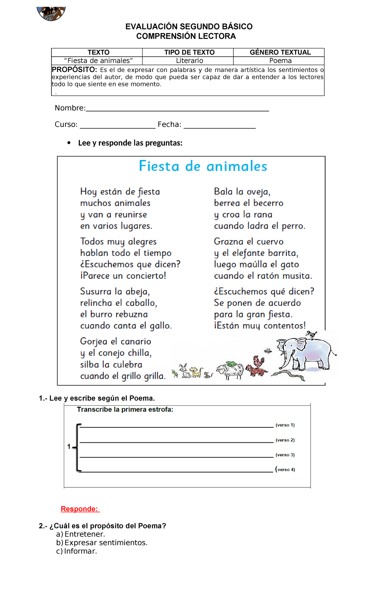 Evaluación Comp. Lectora: Poema "Fiesta de animales" 2º Básico - Studocu