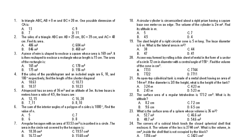 Practice Problems 2: Geometry and Trigonometry Exercises - Studocu