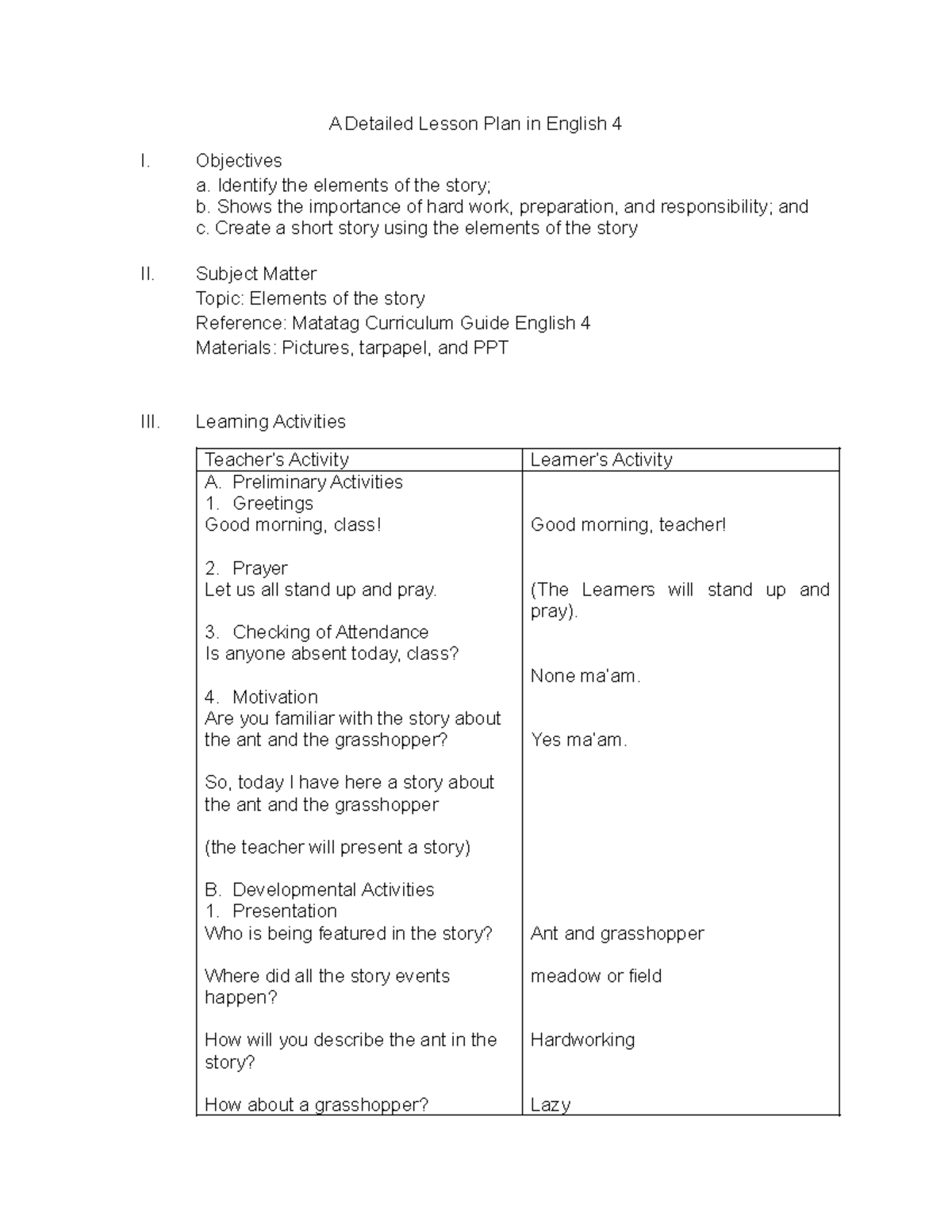 Detailed Lesson Plan: Elements of the Story - English 4 - Studocu