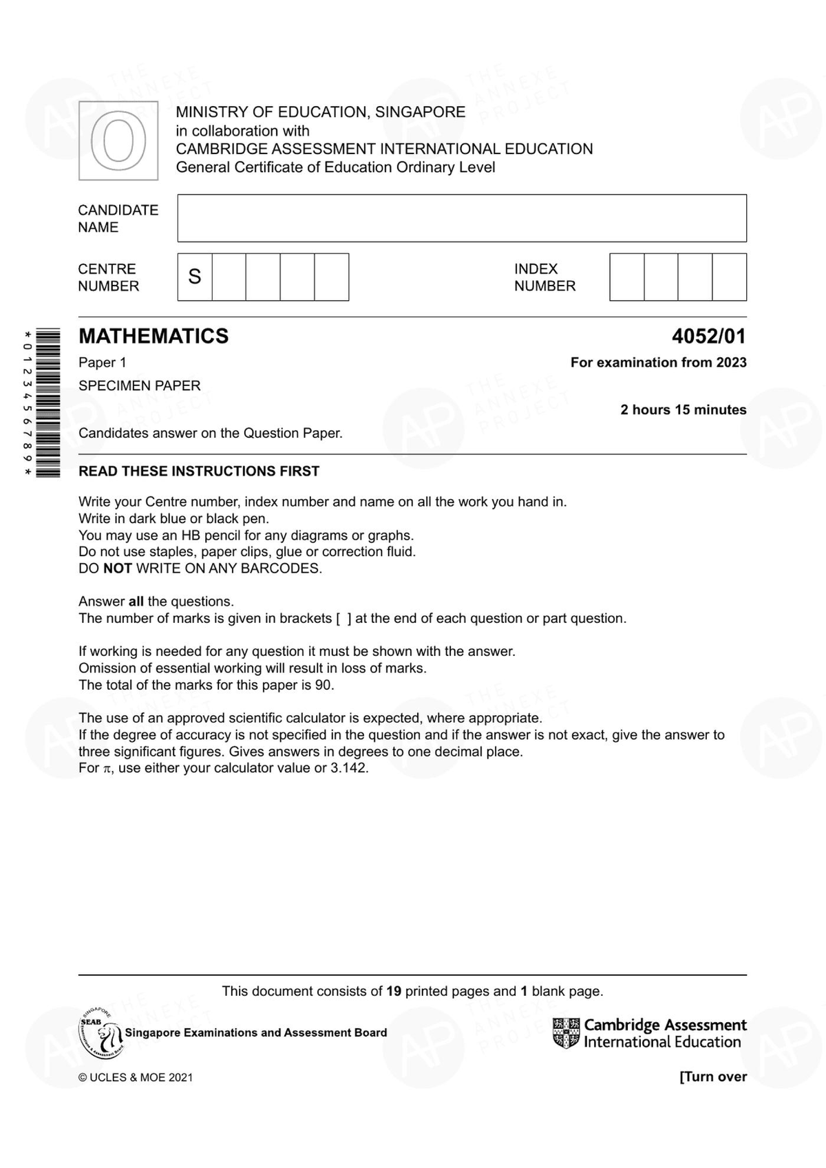 2021 O Level Mathematics Paper 1 Specimen Exam (MOE) - Studocu