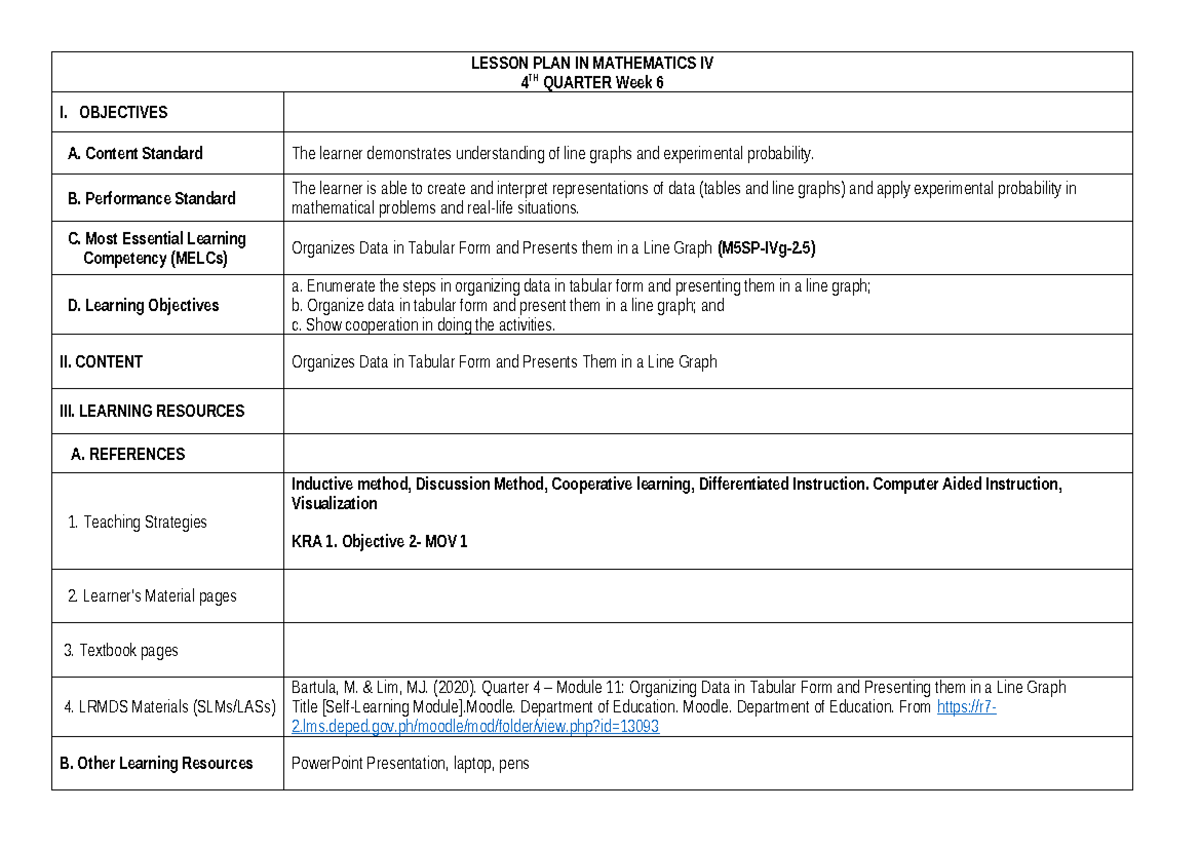 LESSON PLAN IN MATHEMATICS V: Organizing Data & Line Graphs - Studocu