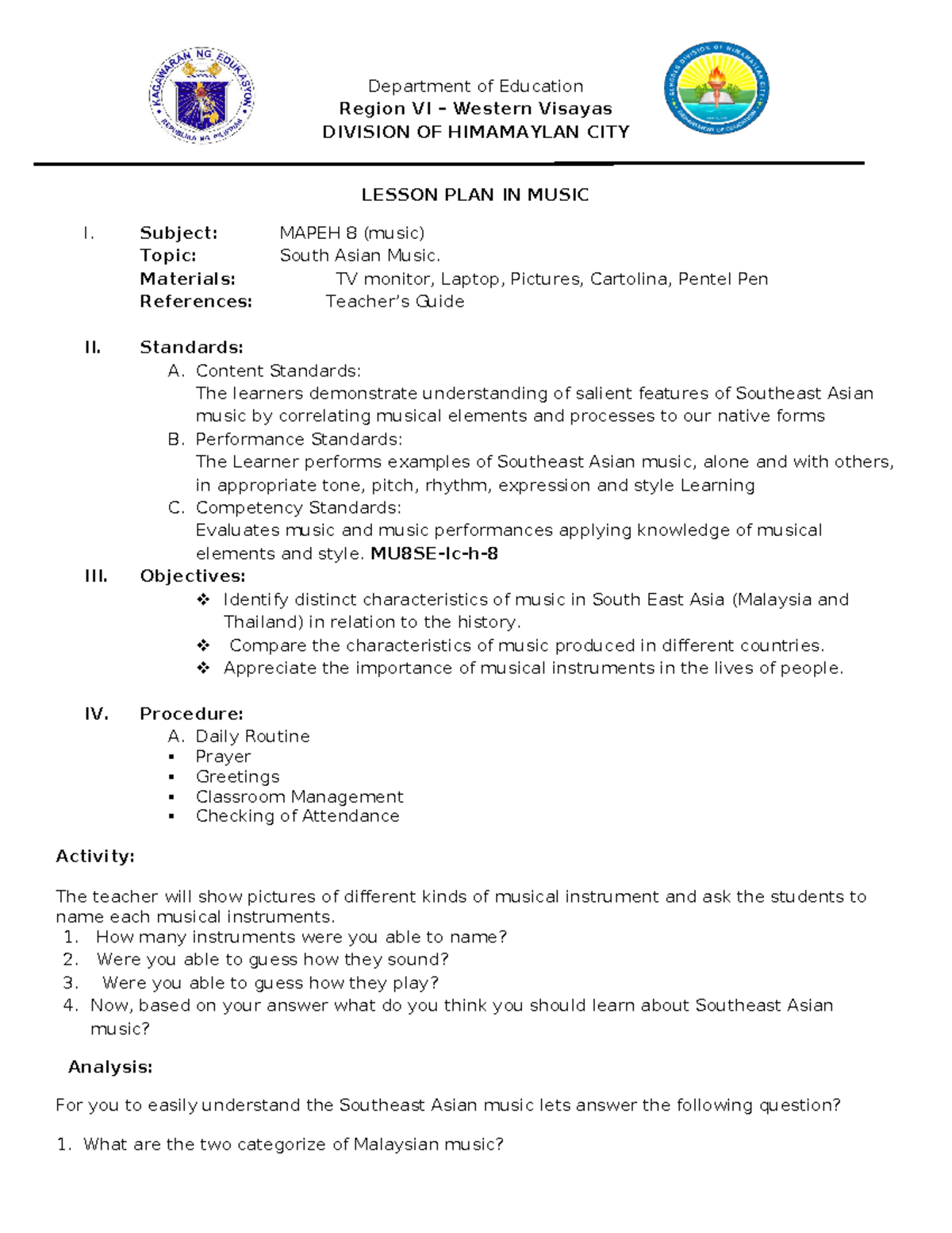 Grade 8 MAPEH Music Lesson Plan: Exploring South Asian Music - Studocu