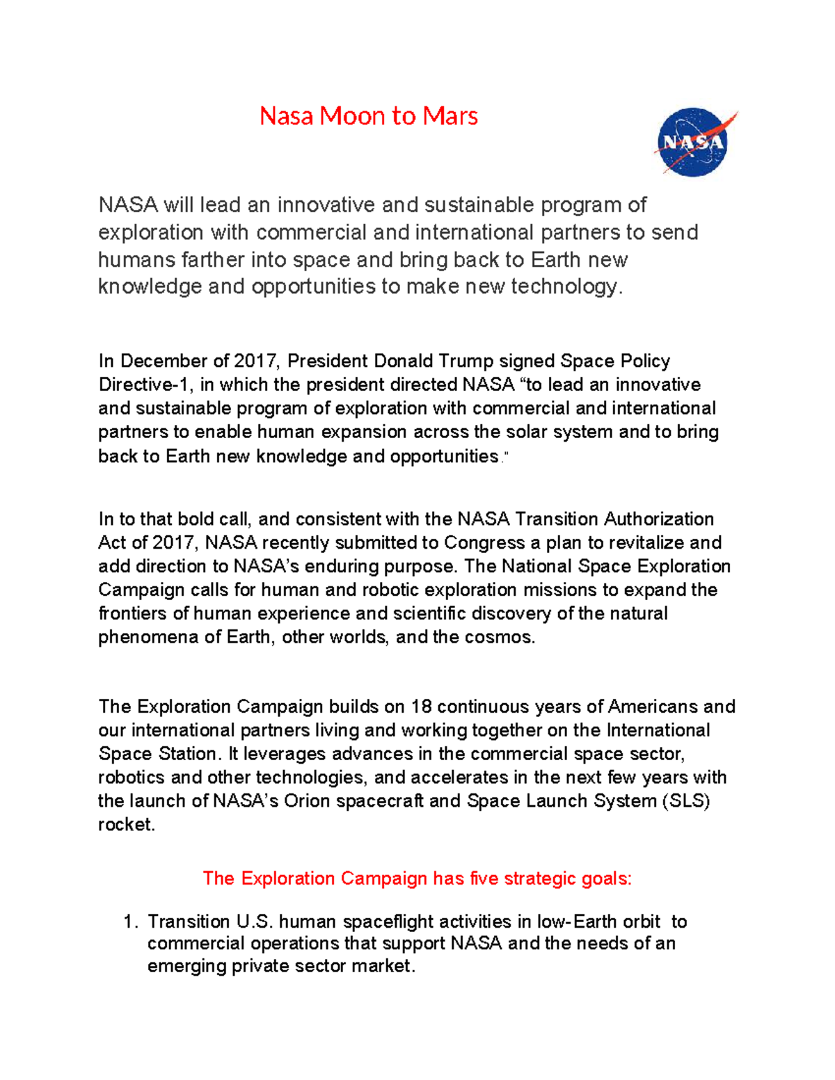 NASA Moon to Mars Exploration Campaign Overview - Studocu