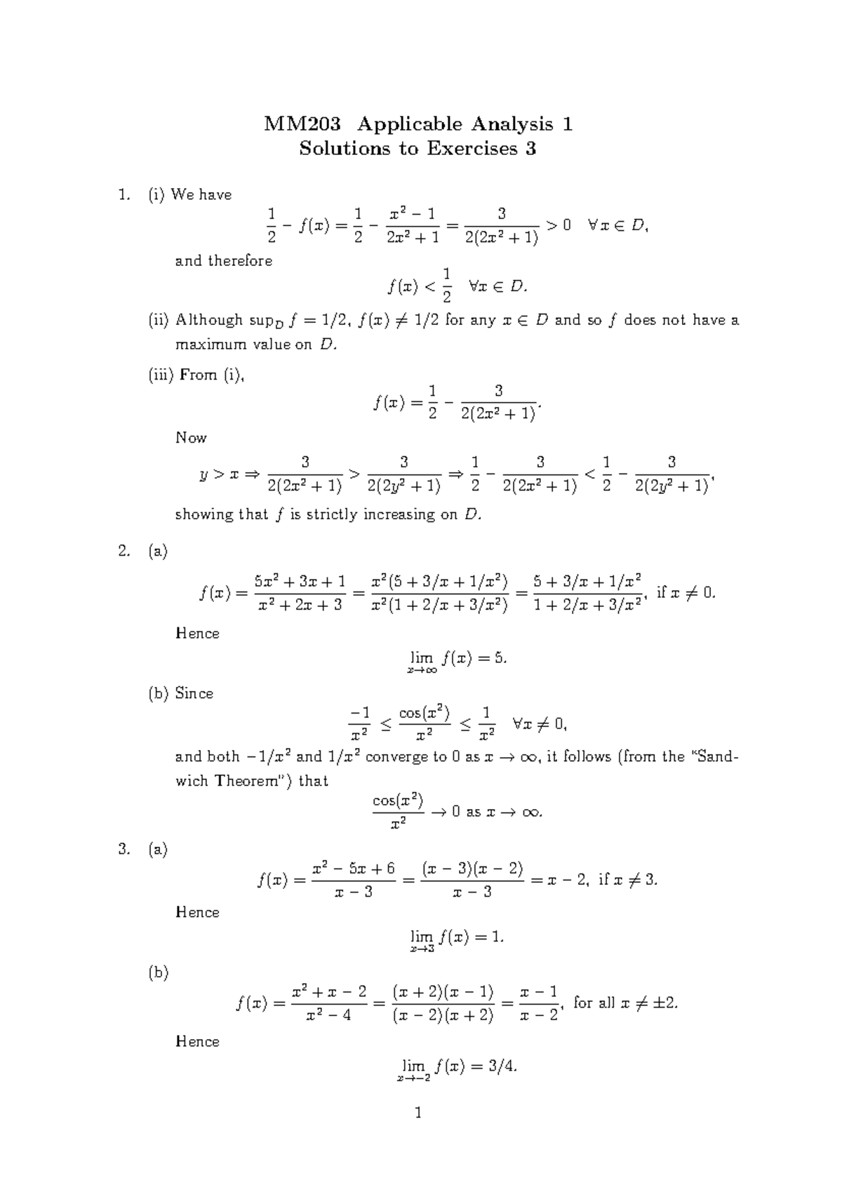 MM203 Applicable Analysis 1 Exercise Solutions - Studocu