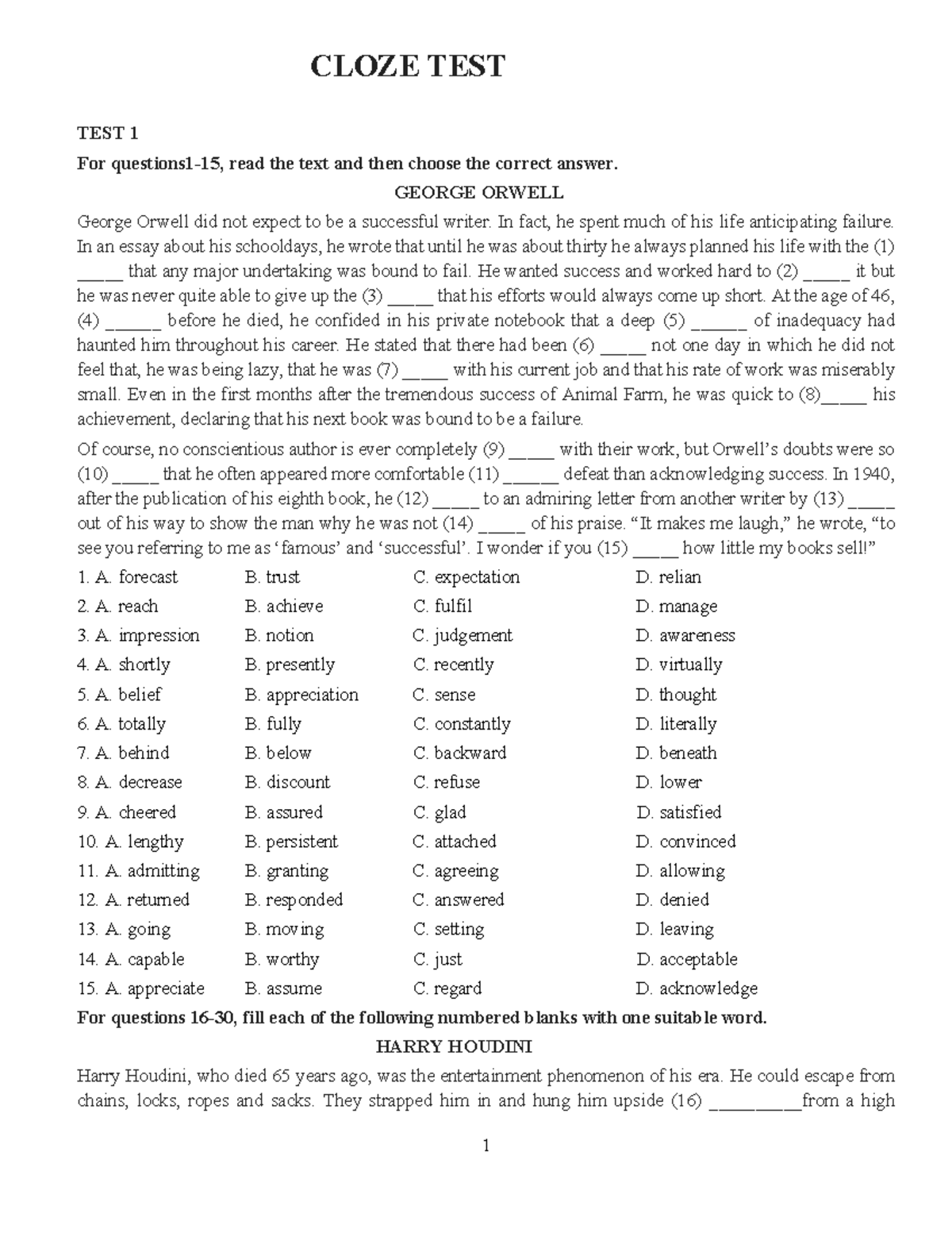 CLOZE TESTS FOR HIGH SCHOOL STUDENTS - TEST 1 TO 28 - Studocu