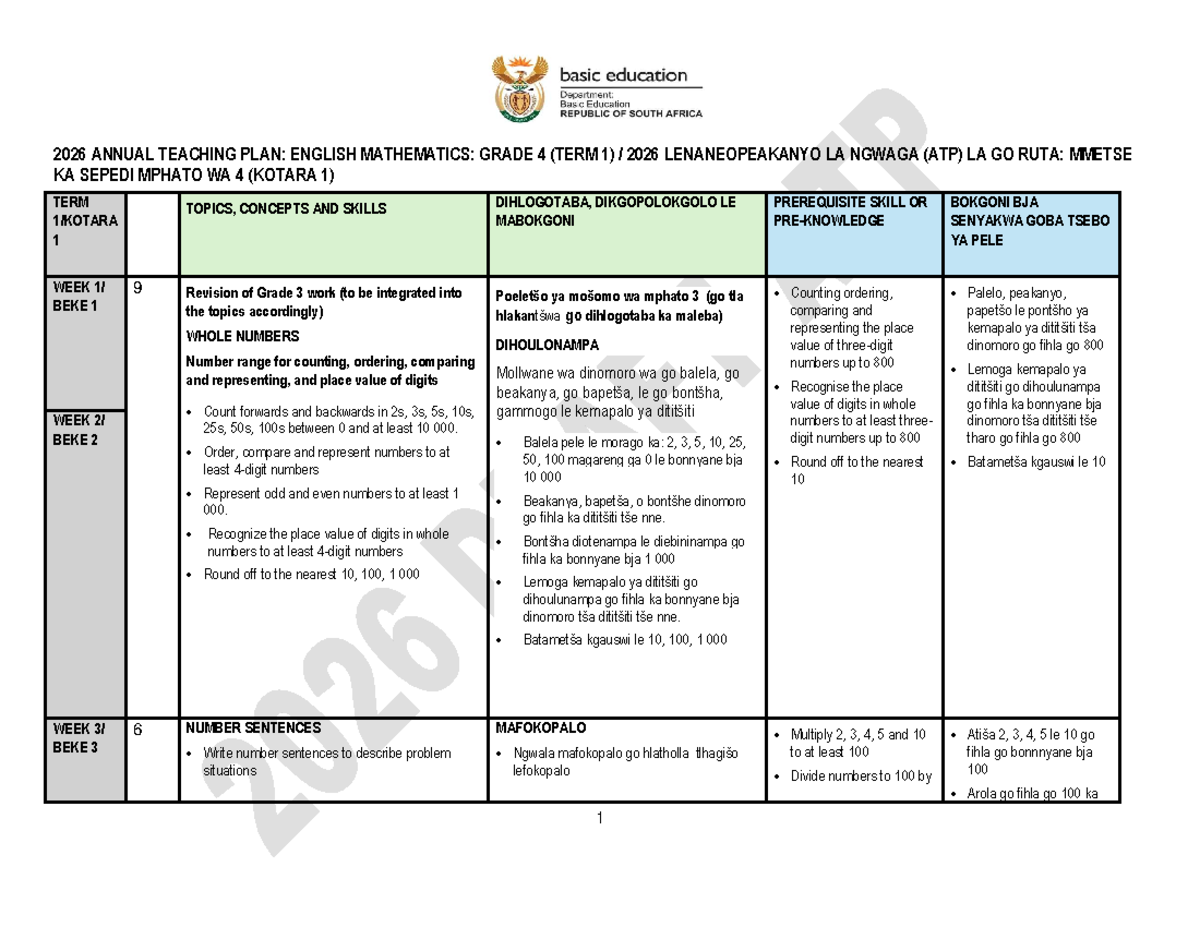2026 ANNUAL TEACHING PLAN: GRADE 4 MATHEMATICS (TERM 1-4) - Studocu