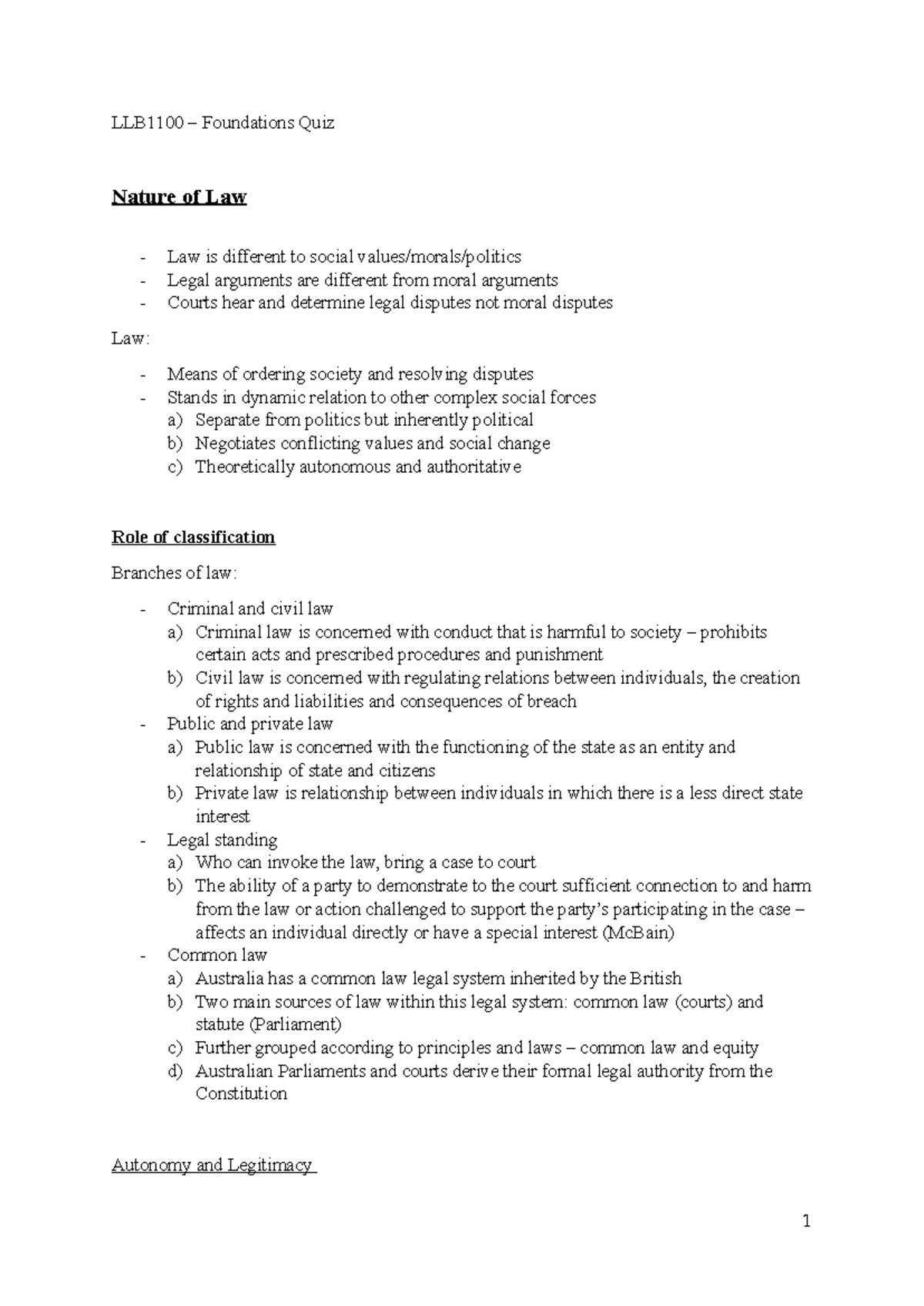 LLB1100 - Foundations Quiz: Nature of Law and Legal Principles - Studocu