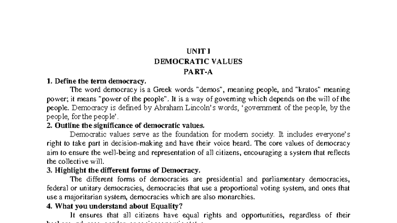 HVE 2 Marks: Understanding Democratic and Secular Values - Studocu