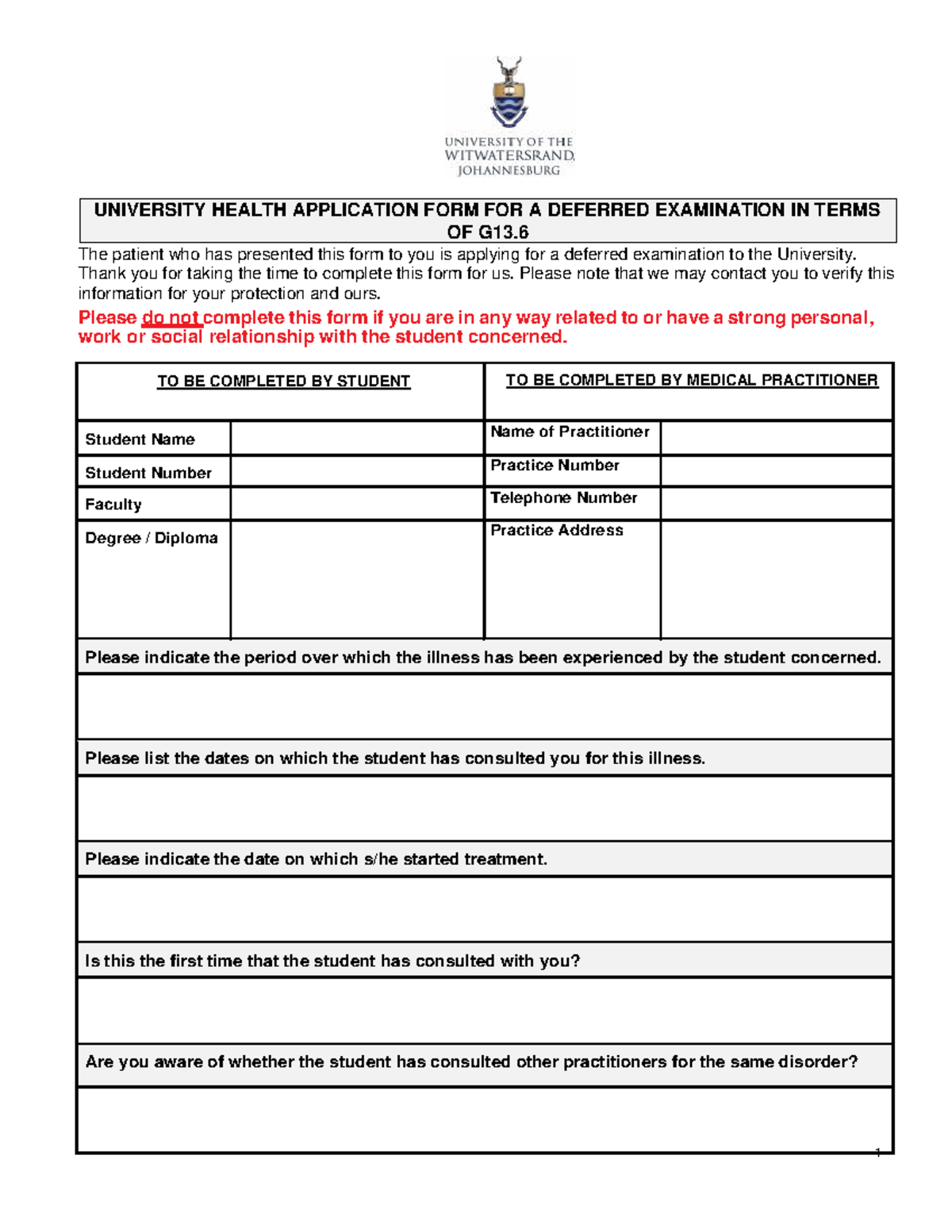 University Health Form for Deferred Exam Applications G13.6 - Studocu
