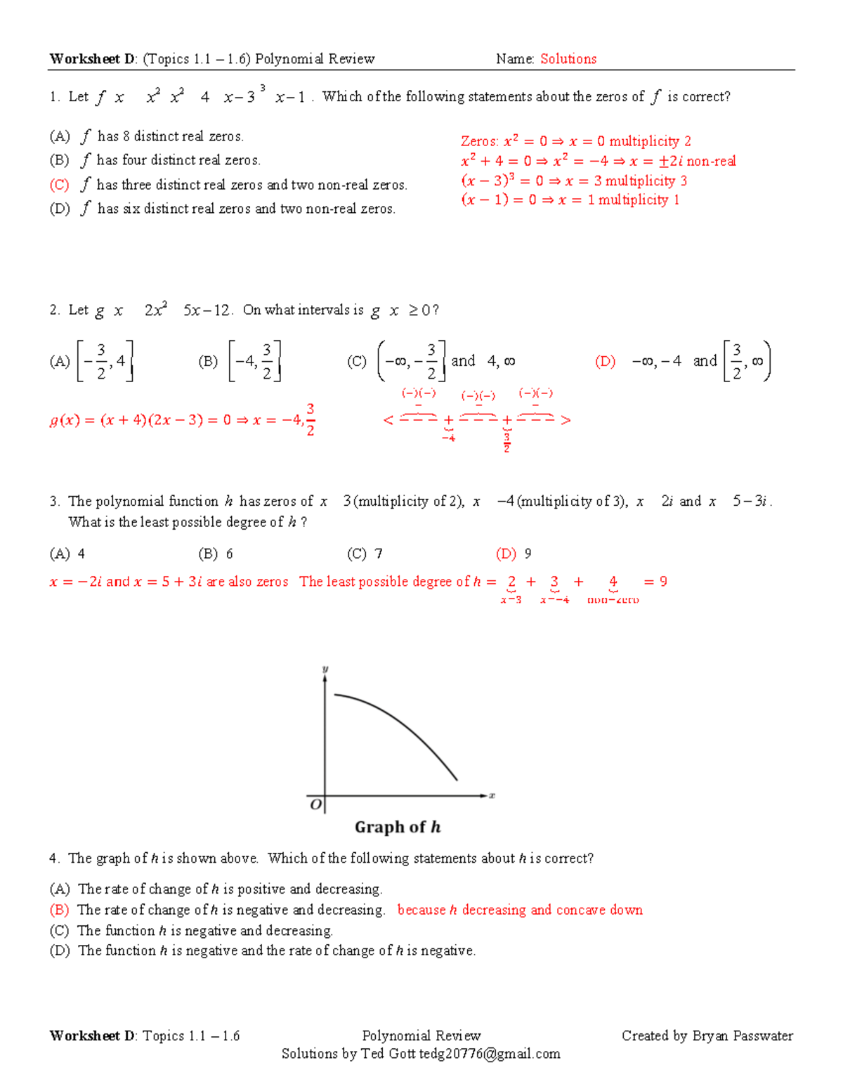 Worksheet D Key Review: Topics 1.1 - 1.6 on Polynomial Functions - Studocu