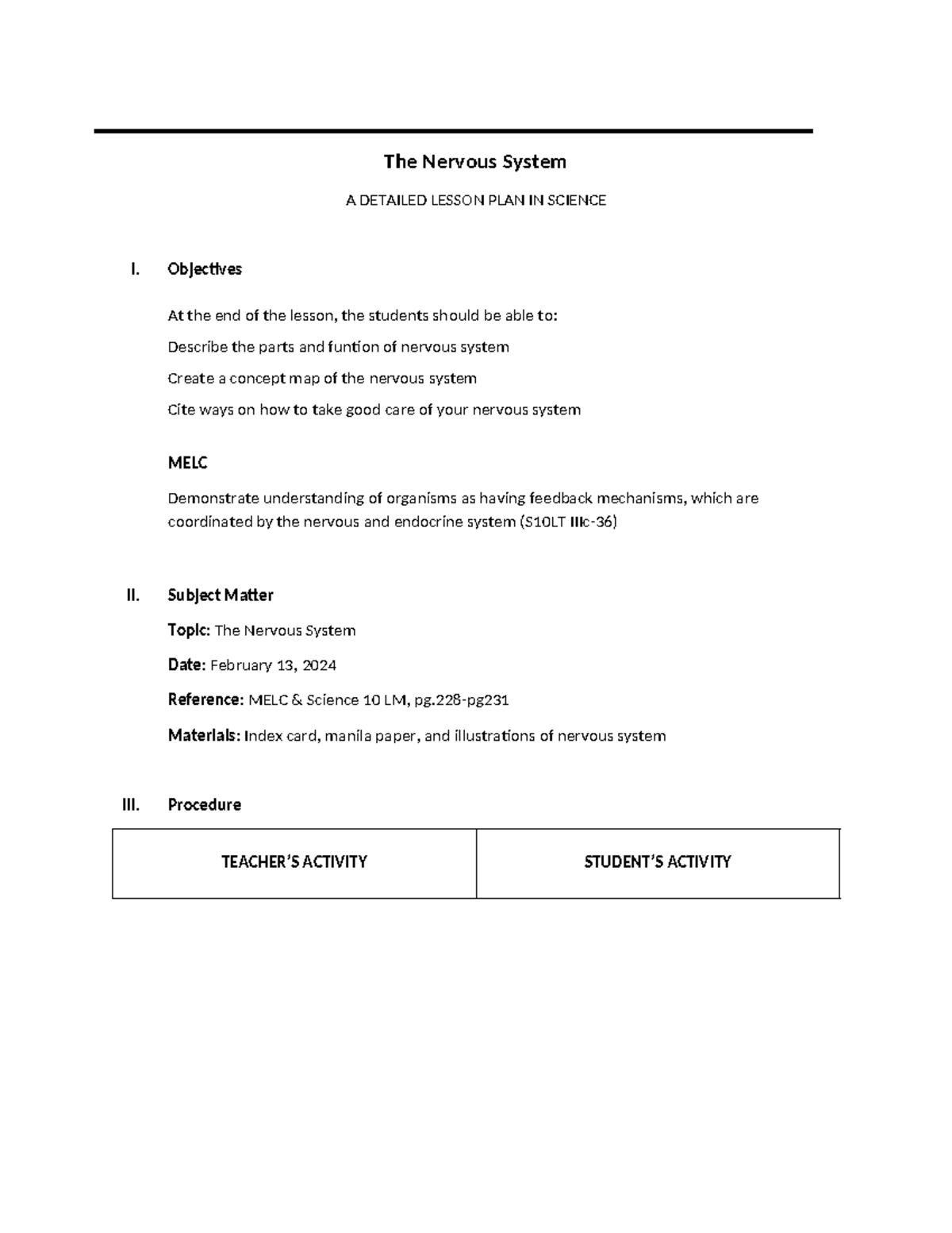 Lesson Plan on The Nervous System (Sci10 DLP) - Studocu