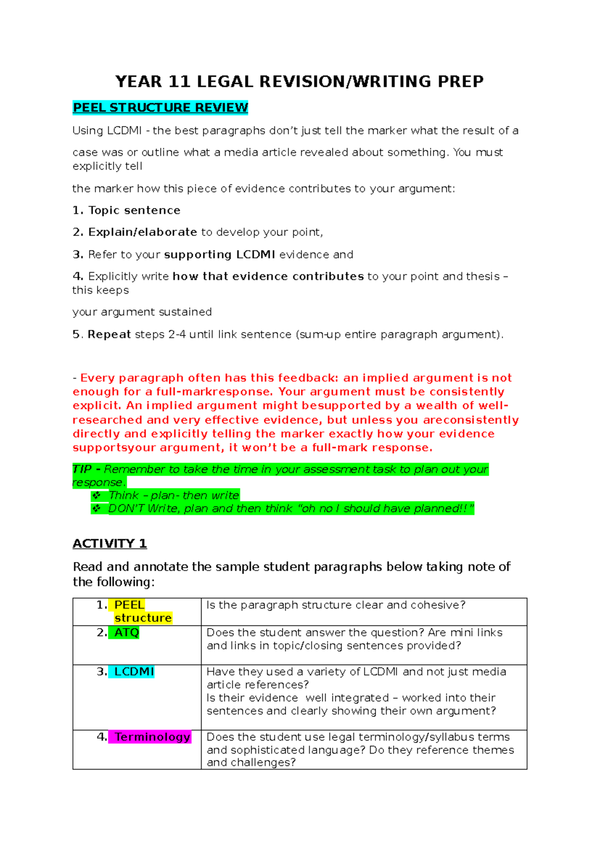 YEAR 11 LEGAL REVISION TASK 1: PEEL STRUCTURE REVIEW 2025 - Studocu