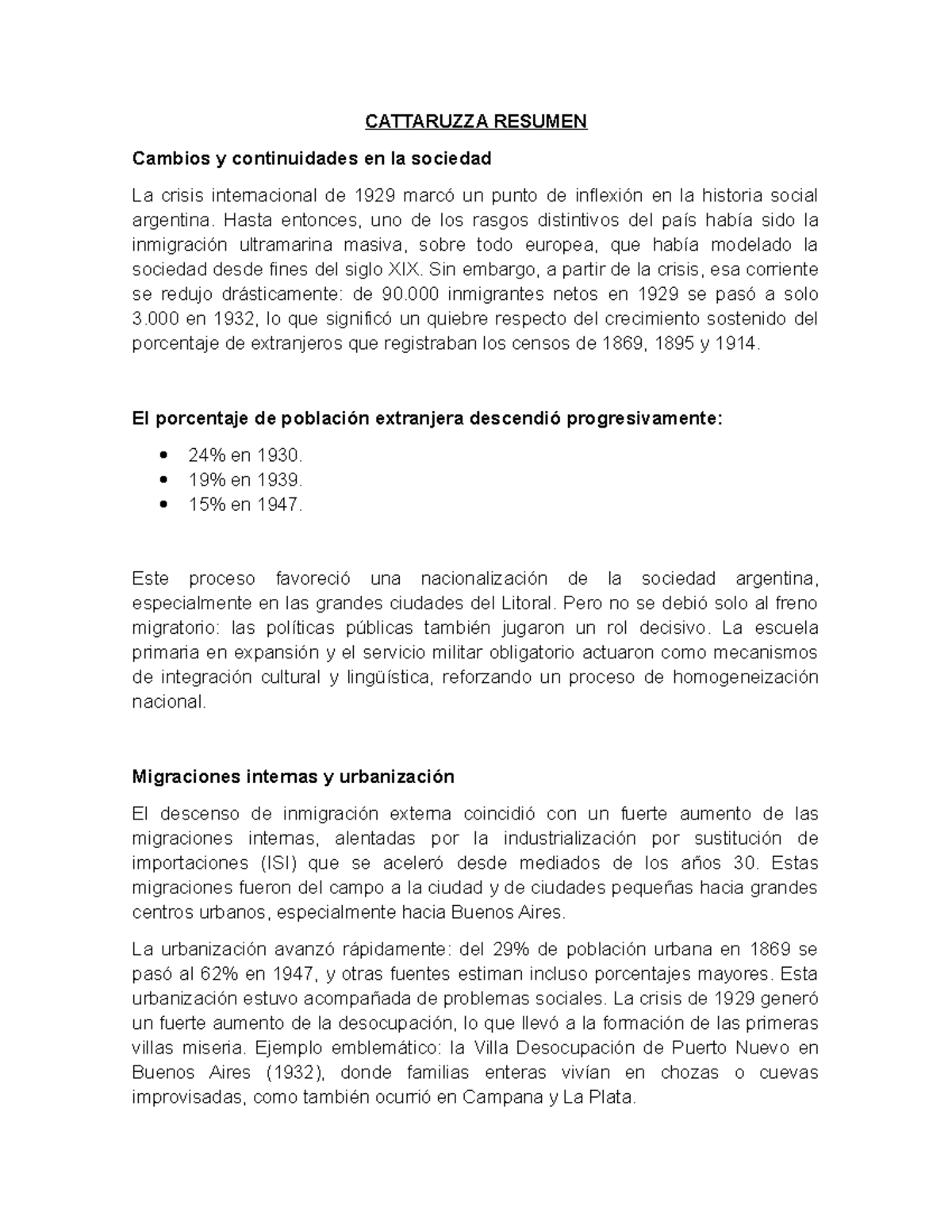 CATTARUZZA RESUMEN: Cambios Sociales en Argentina Post-1929 - Studocu