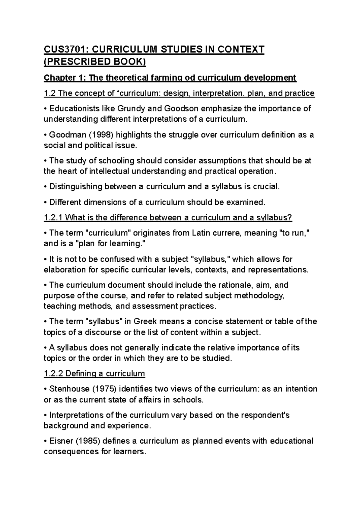 CUS3701 Curriculum Studies: Summaries of Prescribed Book Chapters - Studocu