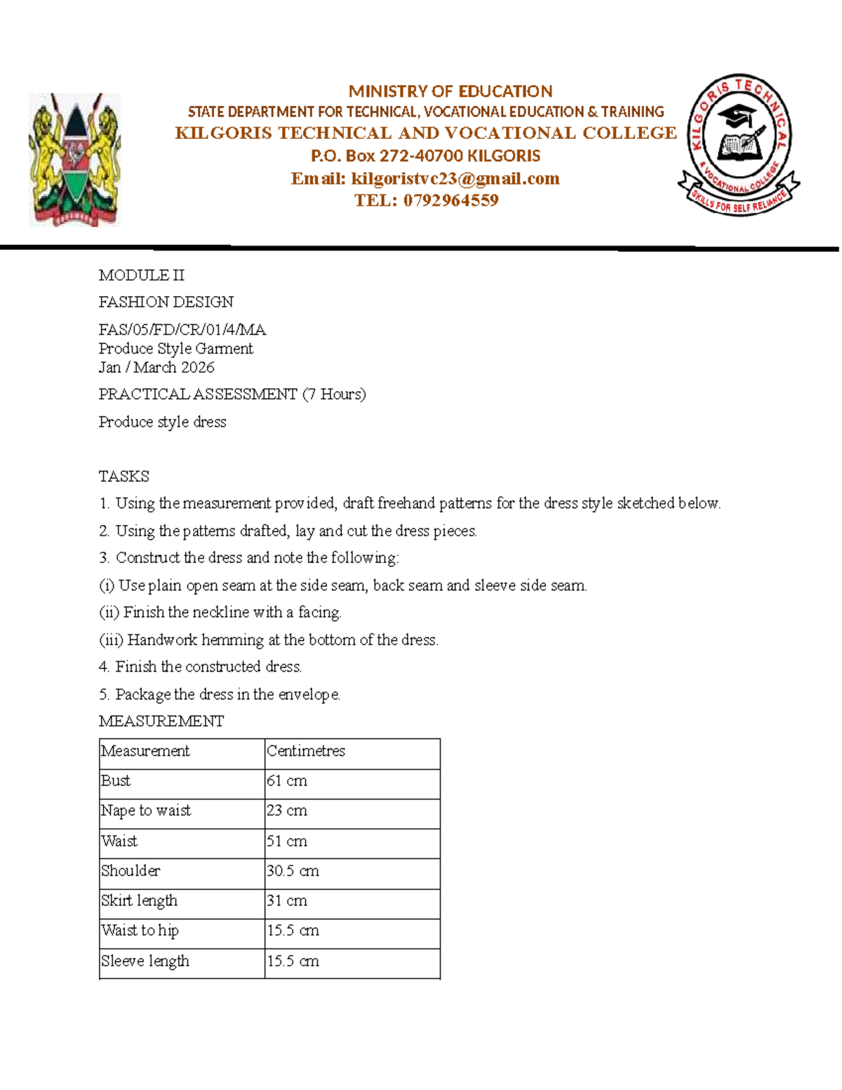 Module II Fashion Design Practical Assessment Checklist (Jan-Mar 2026 ...