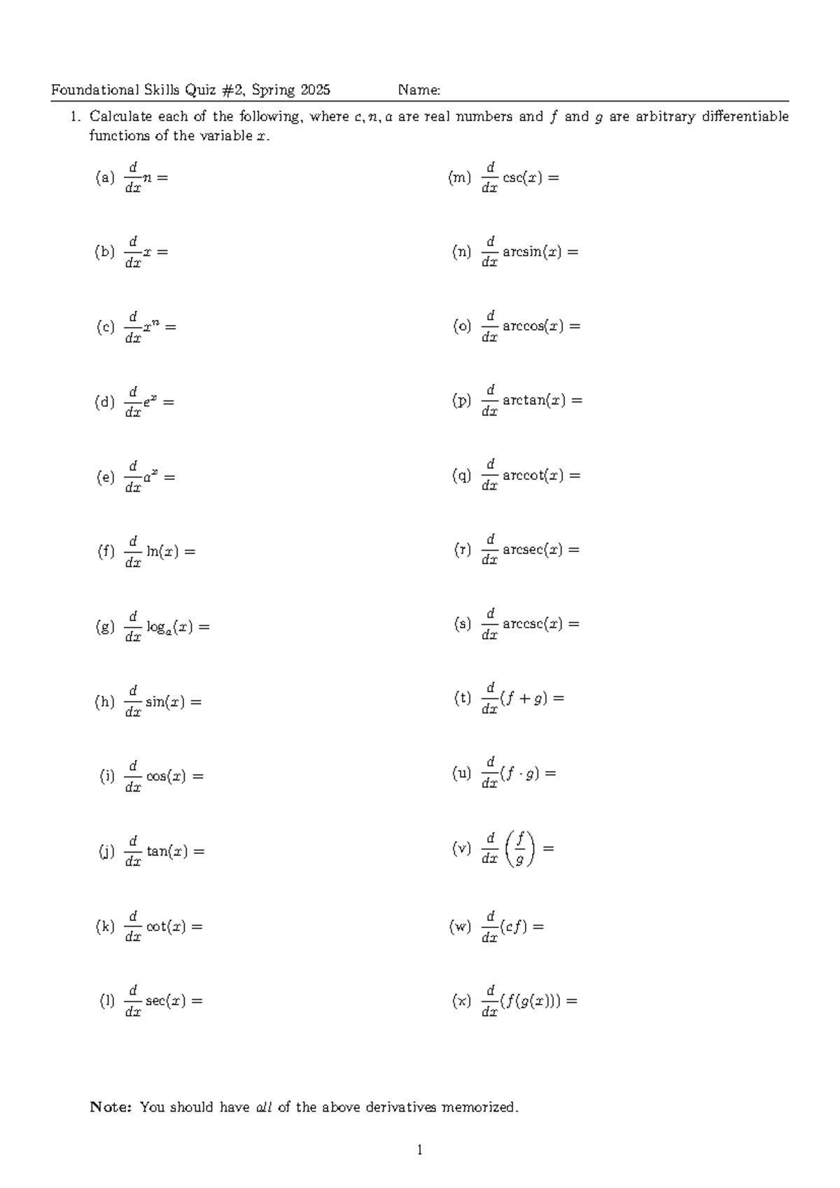Foundational Skills Quiz #2 (Spring 2025) - Derivatives & Integrals ...