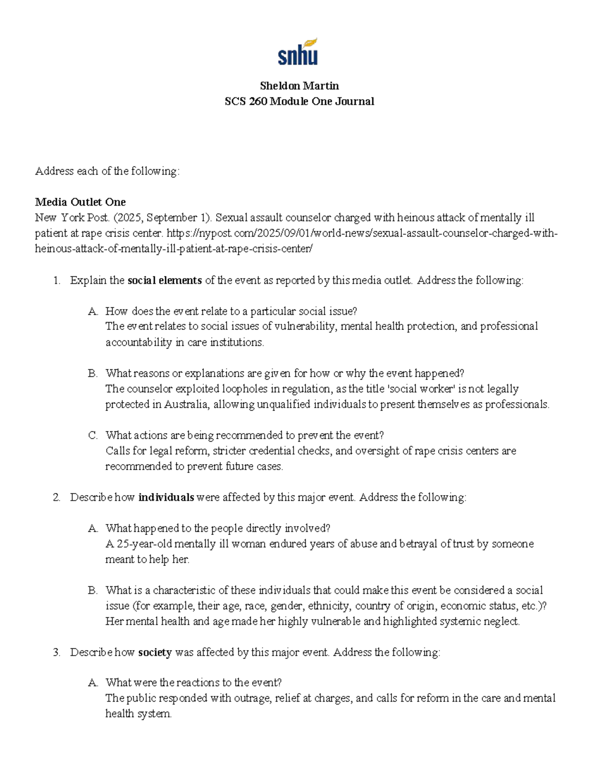 SCS 260 Module One Journal: Social Issues in Recent Media Reports - Studocu