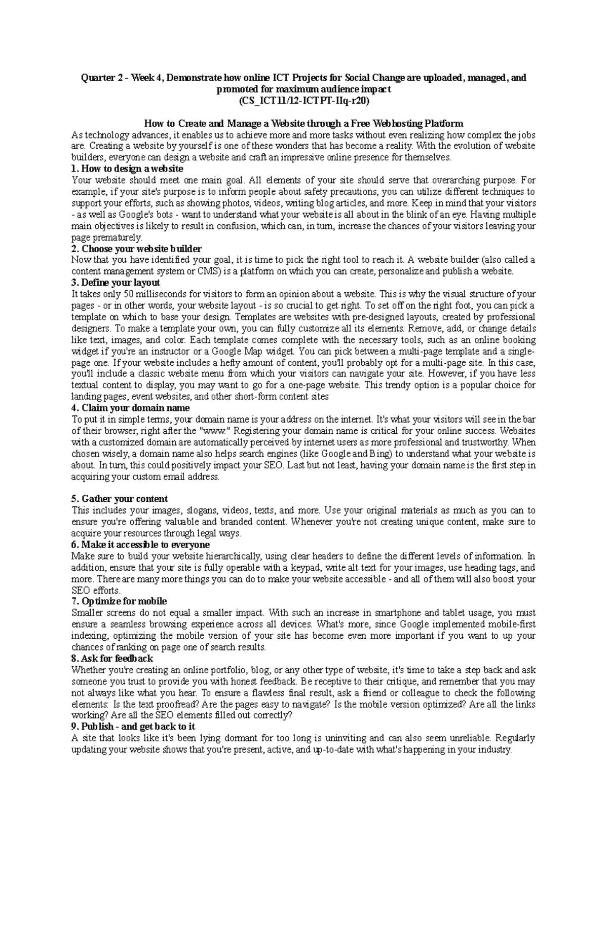 CS_ICT11/12 - ICTPT-IIq: Managing Online ICT Projects for Impact - Studocu