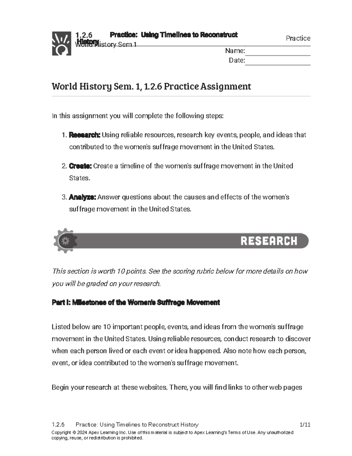 World History Sem. 1: Women’s Suffrage Timeline Practice Assignment ...