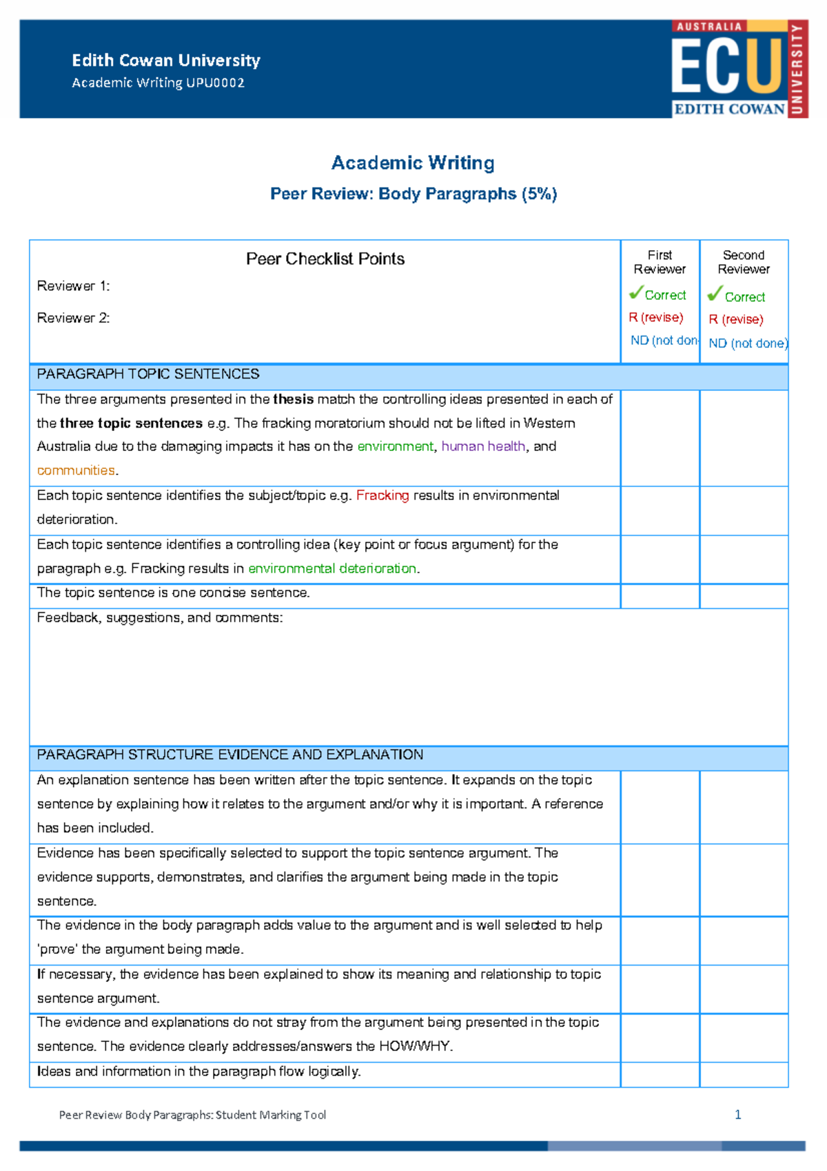 ECU Academic Writing Peer Review: Body Paragraphs Checklist - Studocu