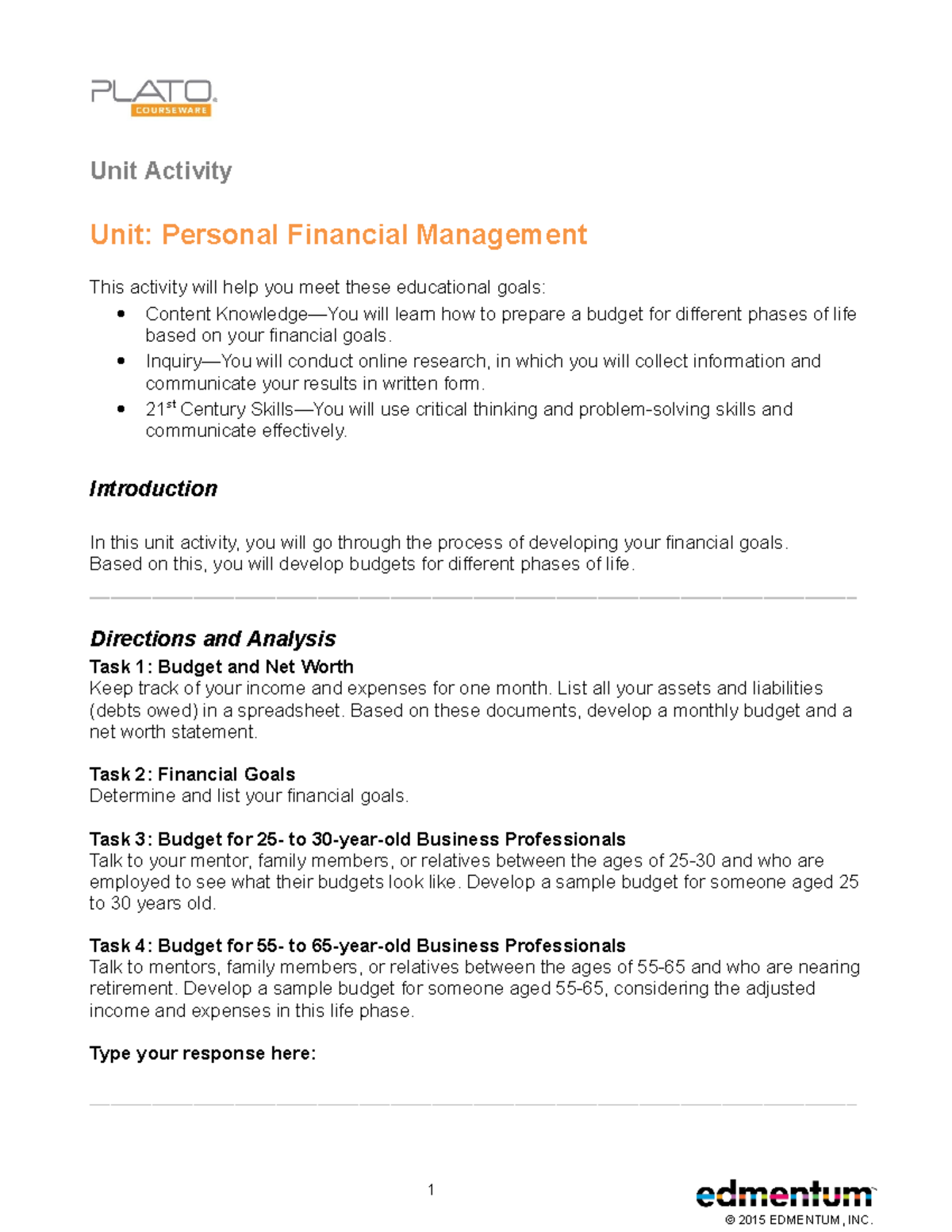 Personal Financial Management UA - Unit Activity & Budgeting Guide ...