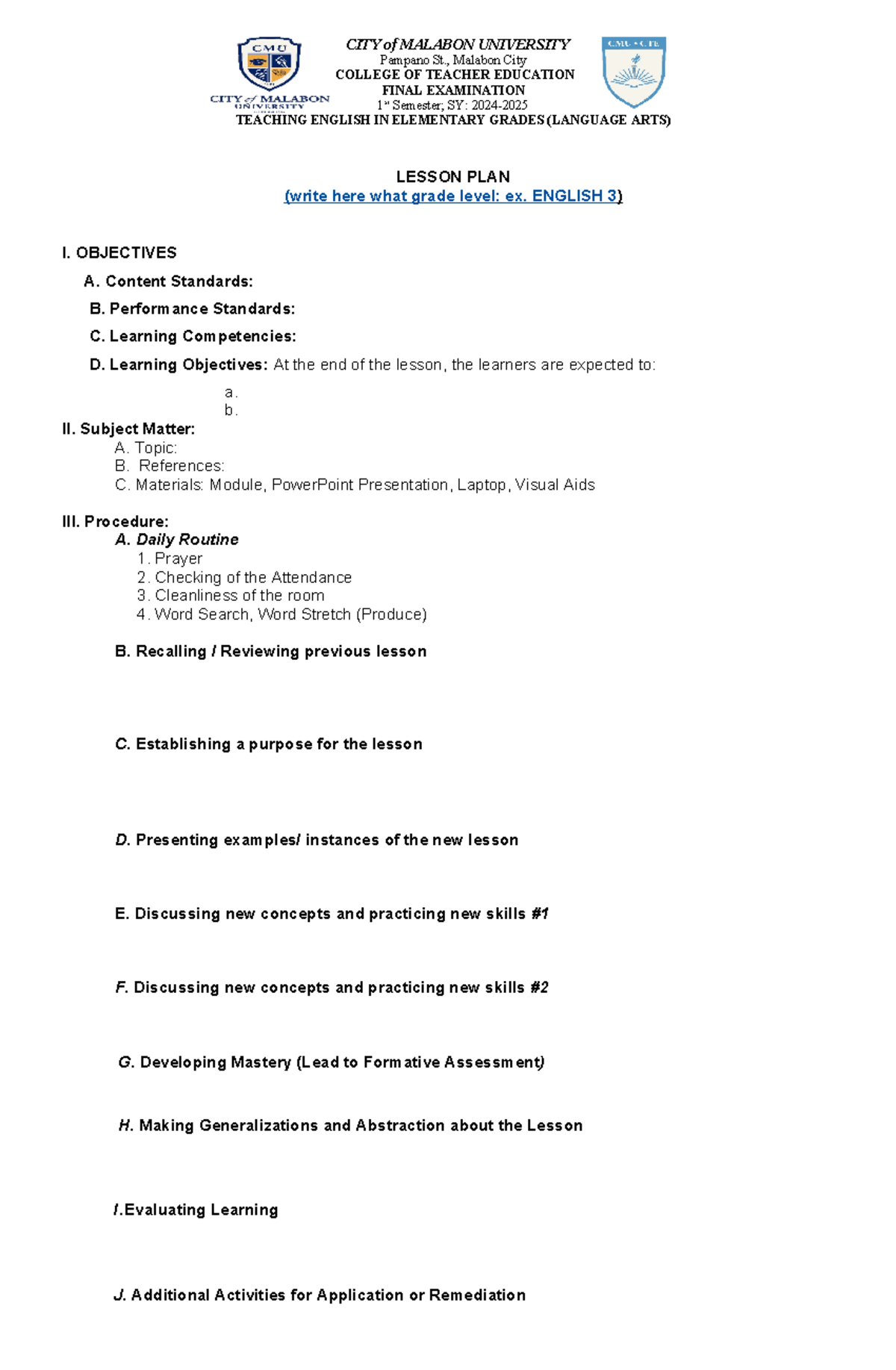 BEE 311 Lesson Plan Template for Teaching English in Elementary Grades ...