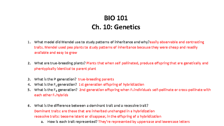 BIO 101 Final Exam Study Guide: Mendelian Genetics & Inheritance - Studocu