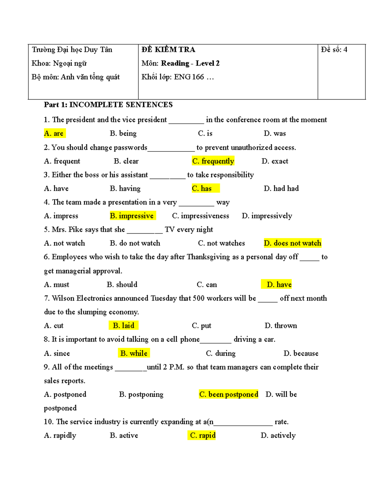 Đề Kiểm Tra ENG 166 - Reading Level 2: Part 1 - Incomplete Sentences ...