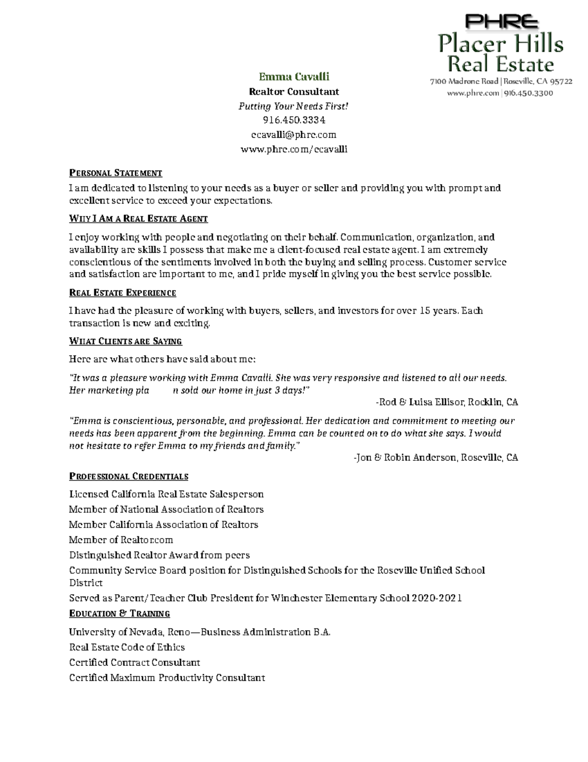 Emma Cavalli Realtor Consultant: Your Needs First - Personal Statement ...