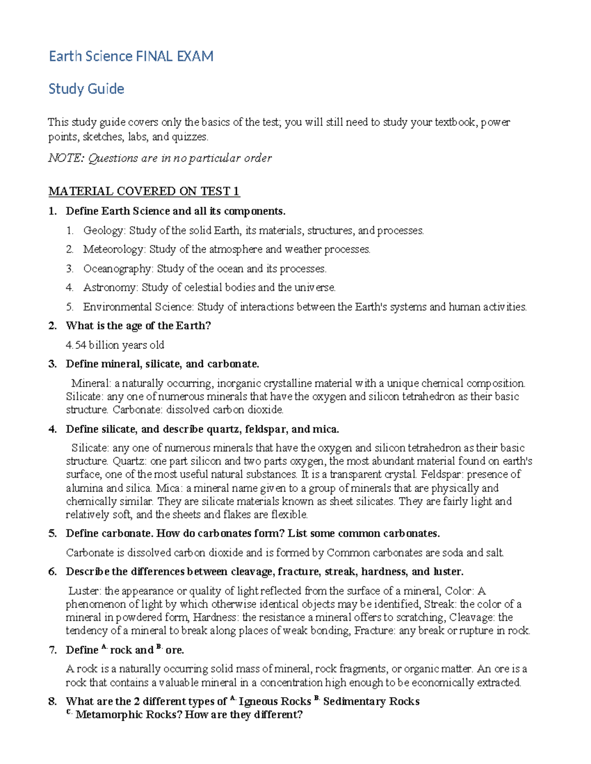 Earth Science (ESC 101) FINAL EXAM Study Guide Overview - Studocu
