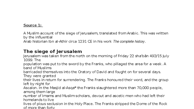 Crusades Sources: Muslim Account of Jerusalem Siege & Historical ...