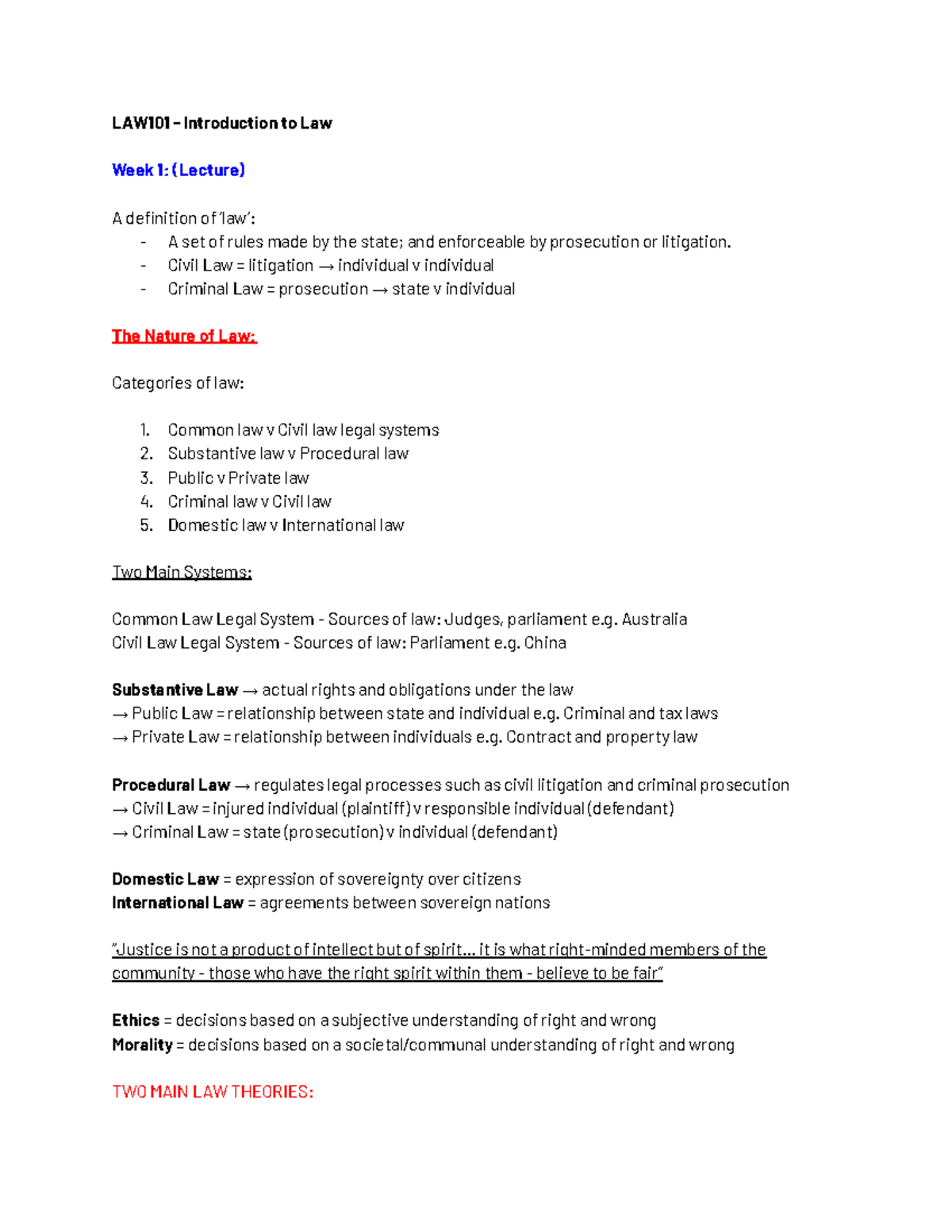 LAW101 Introduction to Law: Week 1-10 Lecture Notes Overview - Studocu