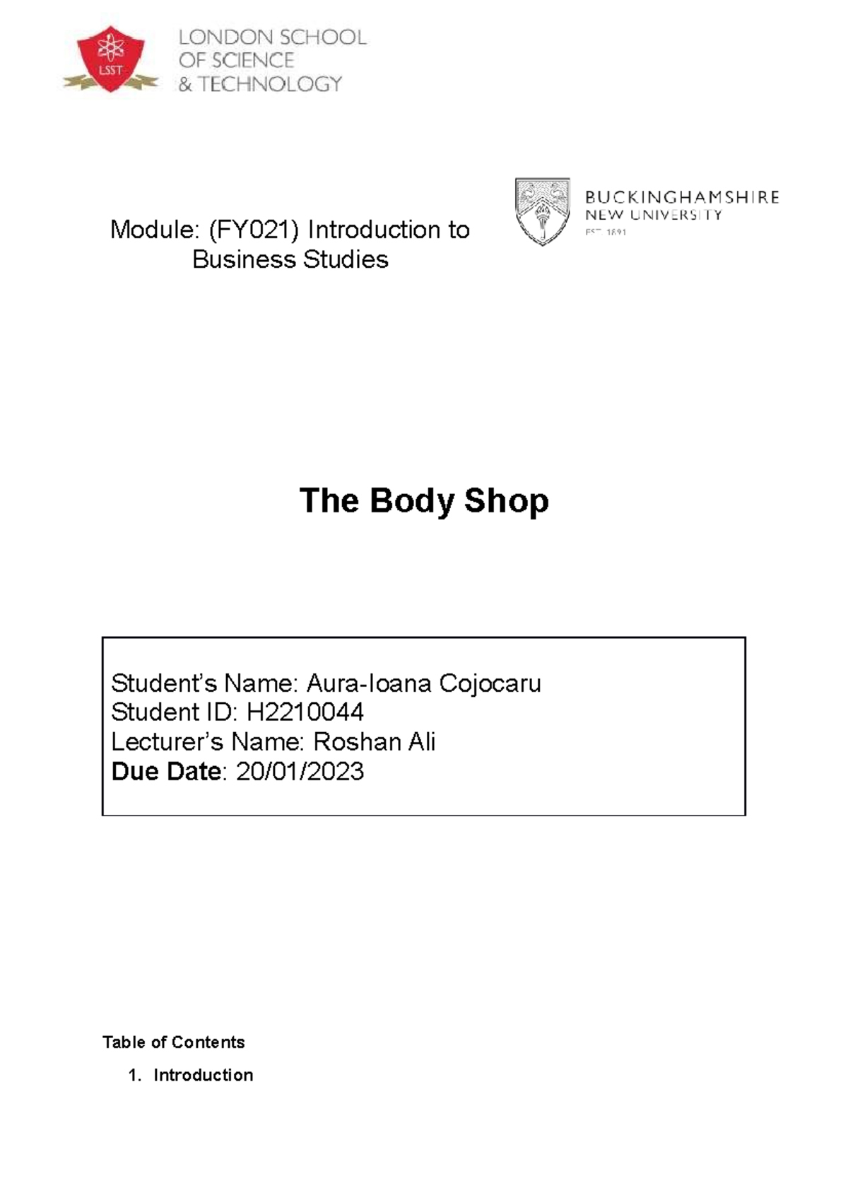(FY021) Intro to Marketing & HR Strategies of The Body Shop - Studocu