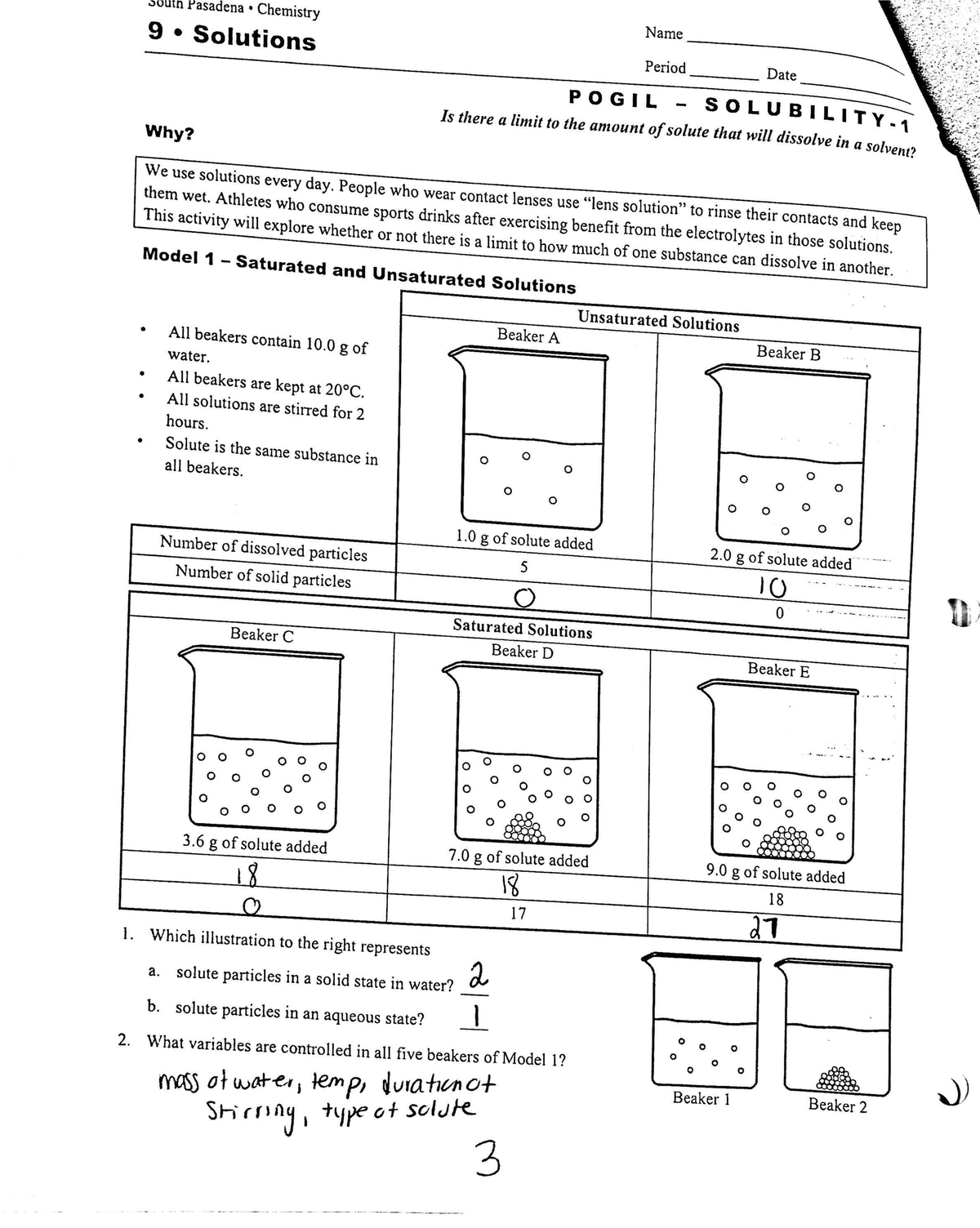 Honors Chemistry 9 Solutions Packet Answer Key and Classwork Guide ...