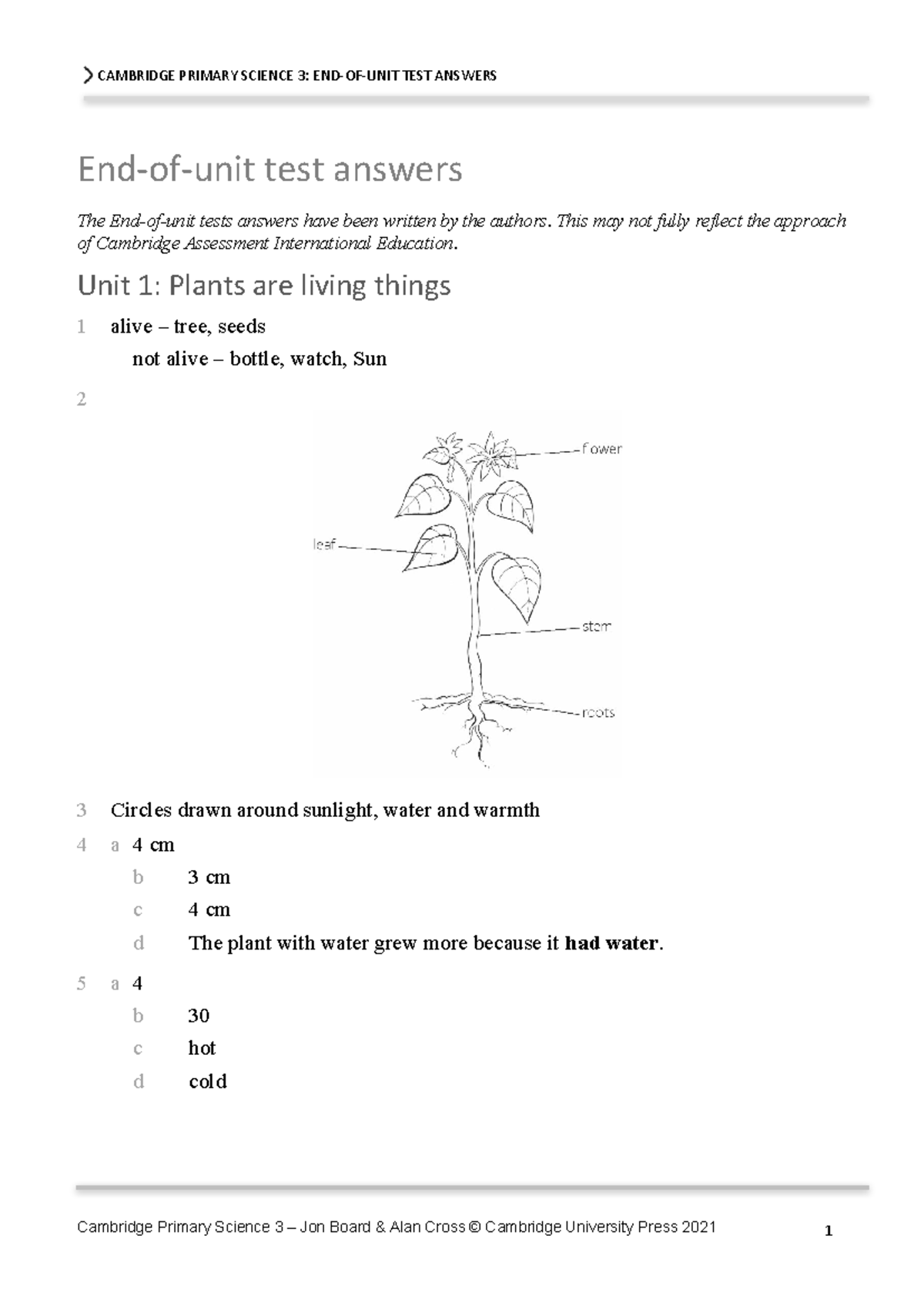 CAMBRIDGE PRIMARY SCIENCE 3: END OF UNIT TEST ANSWERS - Studocu
