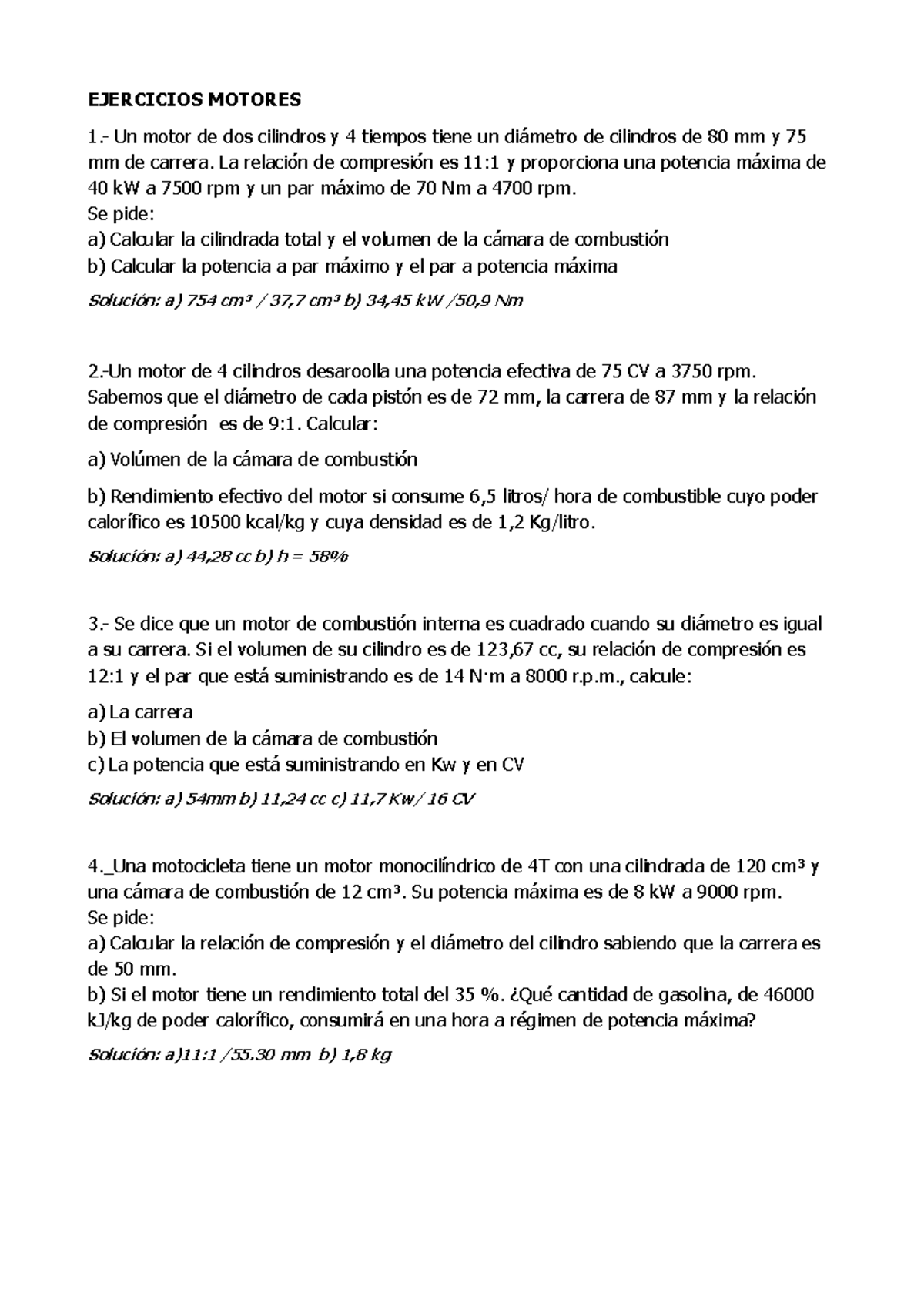 Ejercicios Motores - Cálculos de Potencia y Compresión - Studocu