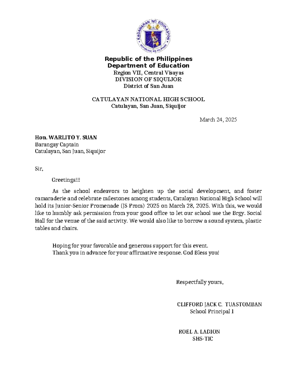 Letter to Barangay Captain for JS Prom 2025 Approval - Studocu