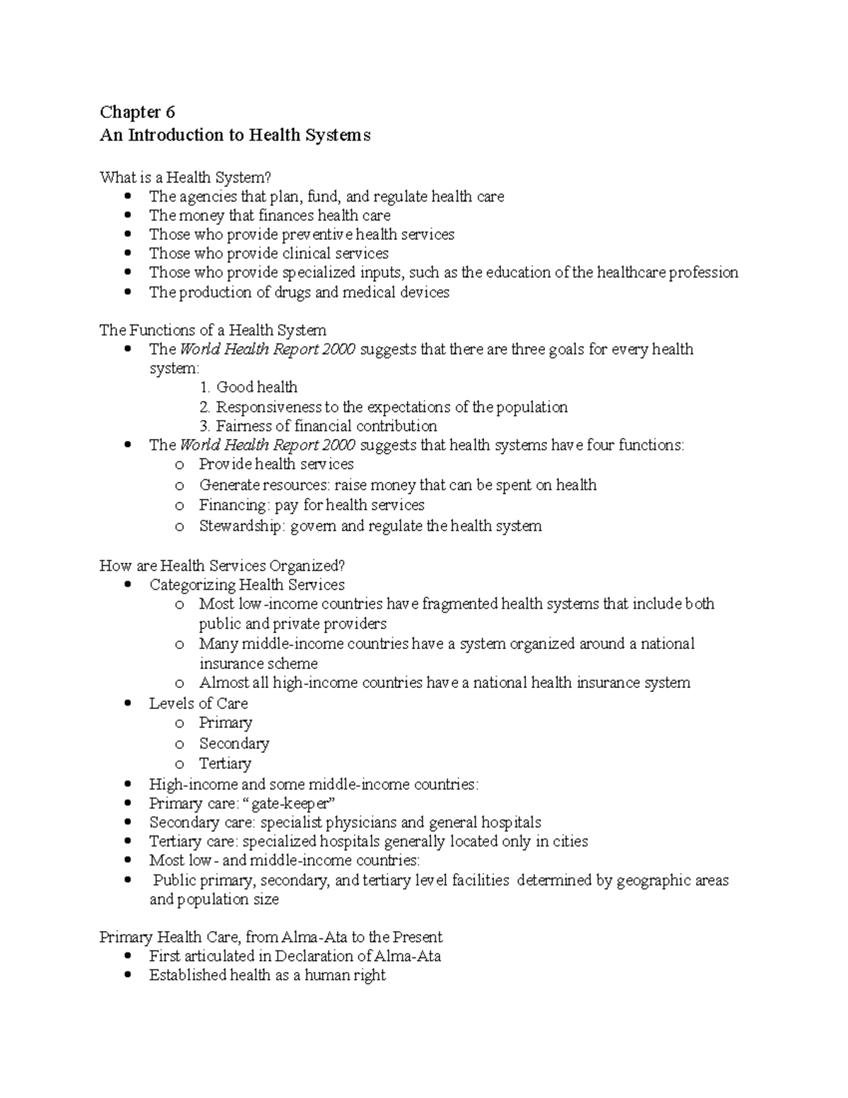 HEA 310 - Chapter 6 Notes - Chapter 6 An Introduction to Health Systems ...