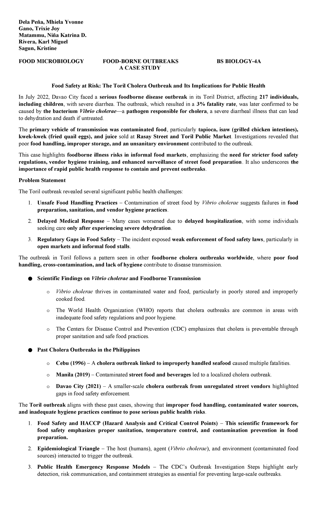 FOOD MICROBIOLOGY OUTBREAKS: A CASE STUDY ON THE TORIL CHOLERA OUTBREAK ...