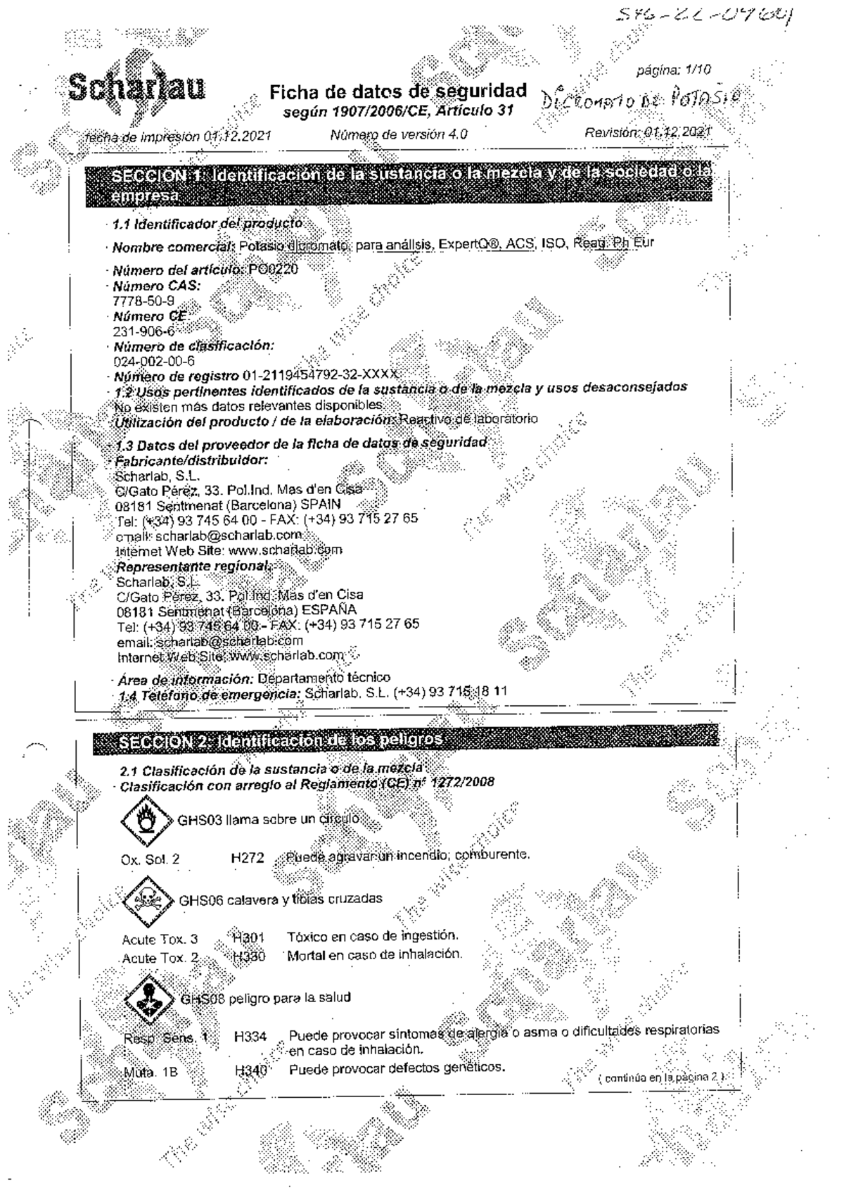 MSDS Potasio Dicromato para Análisis - Scharlau (Versión 4.0) - Studocu
