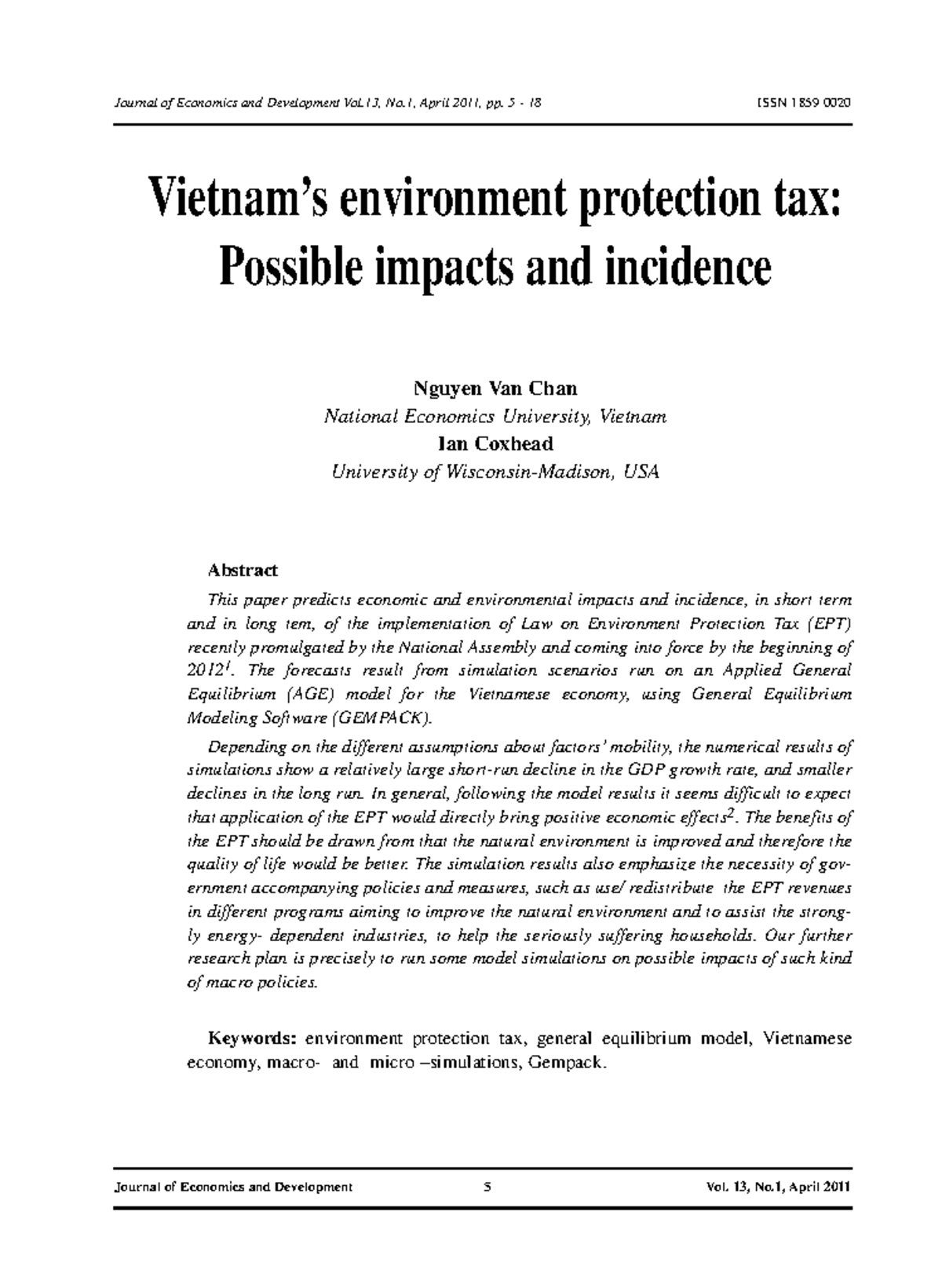 Economic Impacts of Environment Protection Tax in Vietnam: A General ...