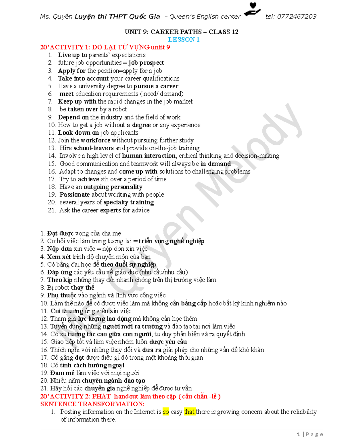 Unit 9 Class 12 Lesson Plans: Career Paths Activities 1-6 - Studocu