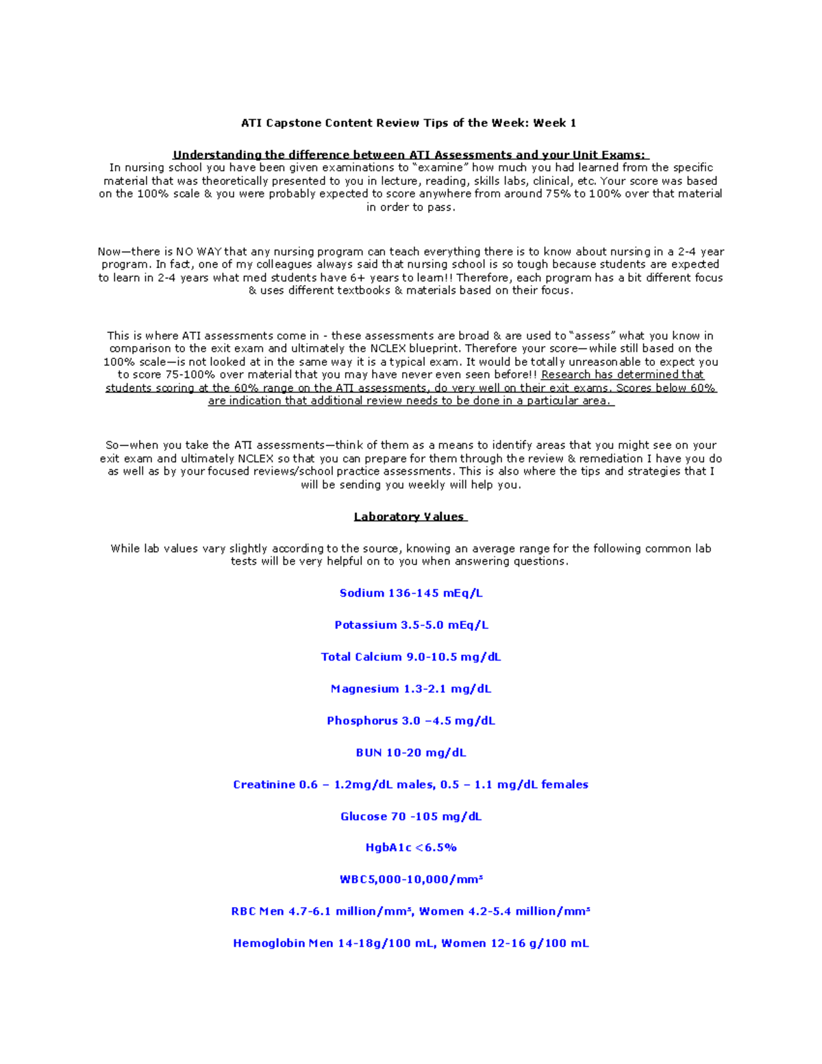 ATI Capstone Content Review Tips of the Week 1-1 - Your score was ...