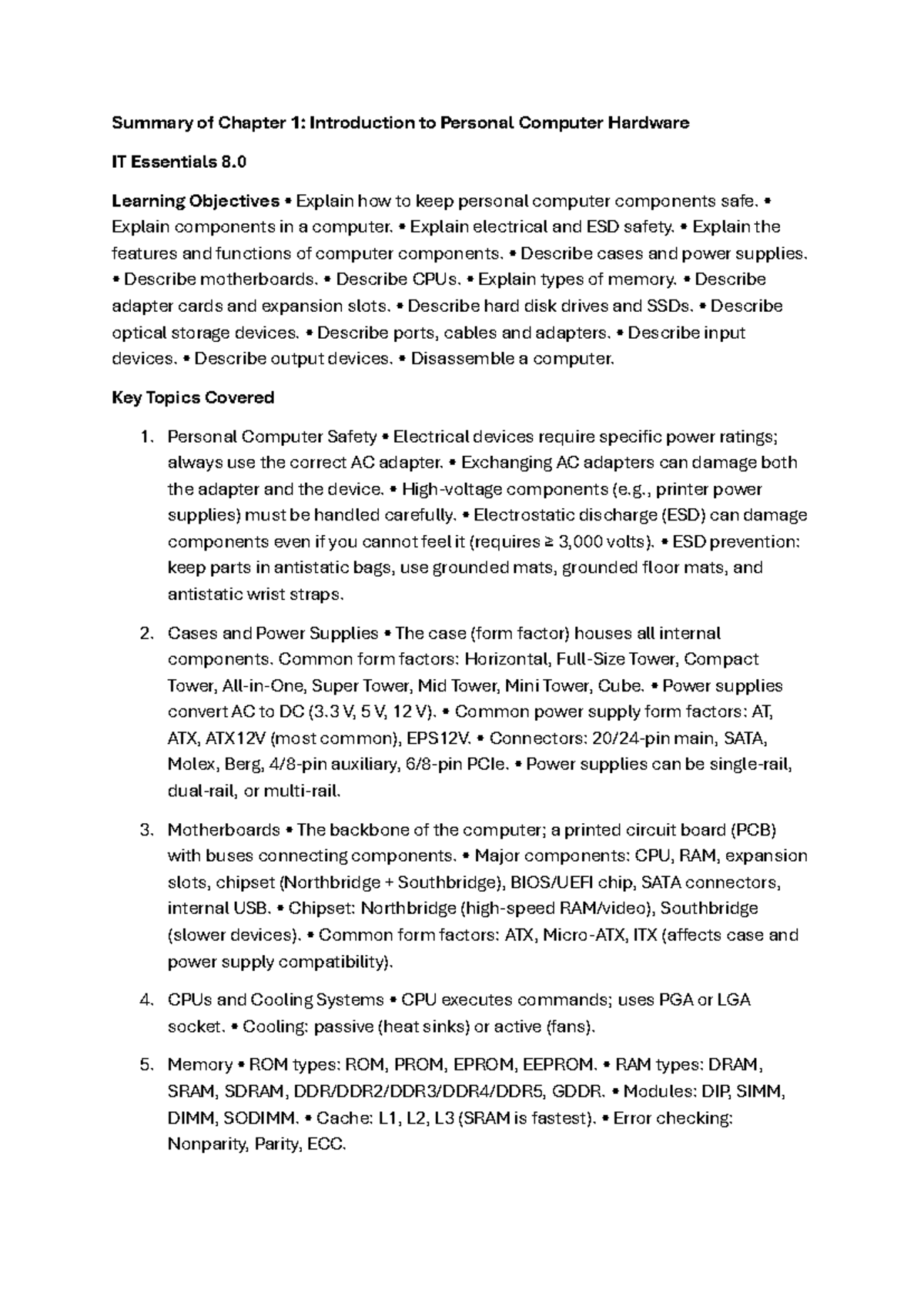 Summary of Chapter 1: Intro to PC Hardware - IT Essentials 8.0 - Studocu